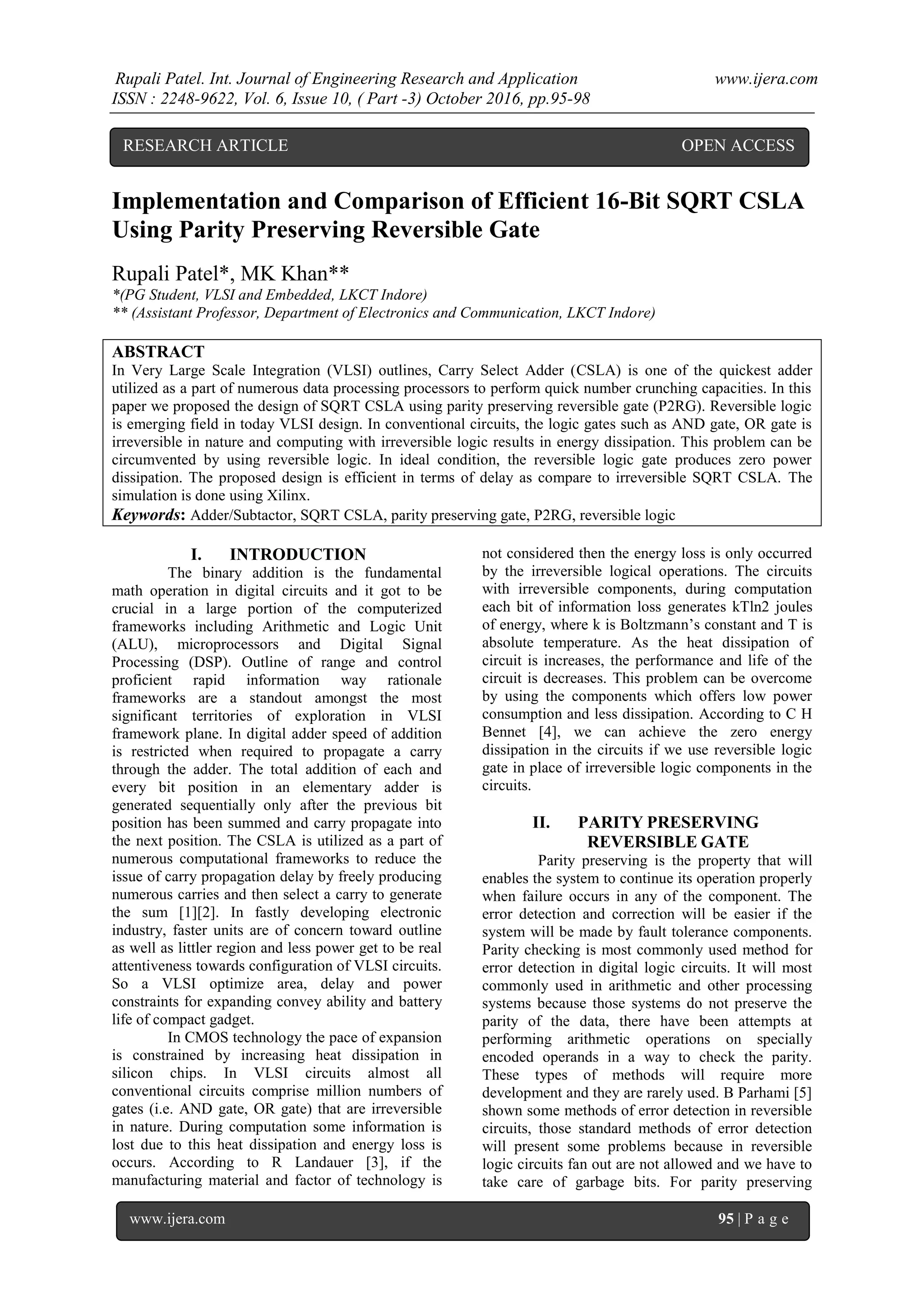 Implementation And Comparison Of Efficient 16 Bit Sqrt Csla Using Parity Preserving Reversible