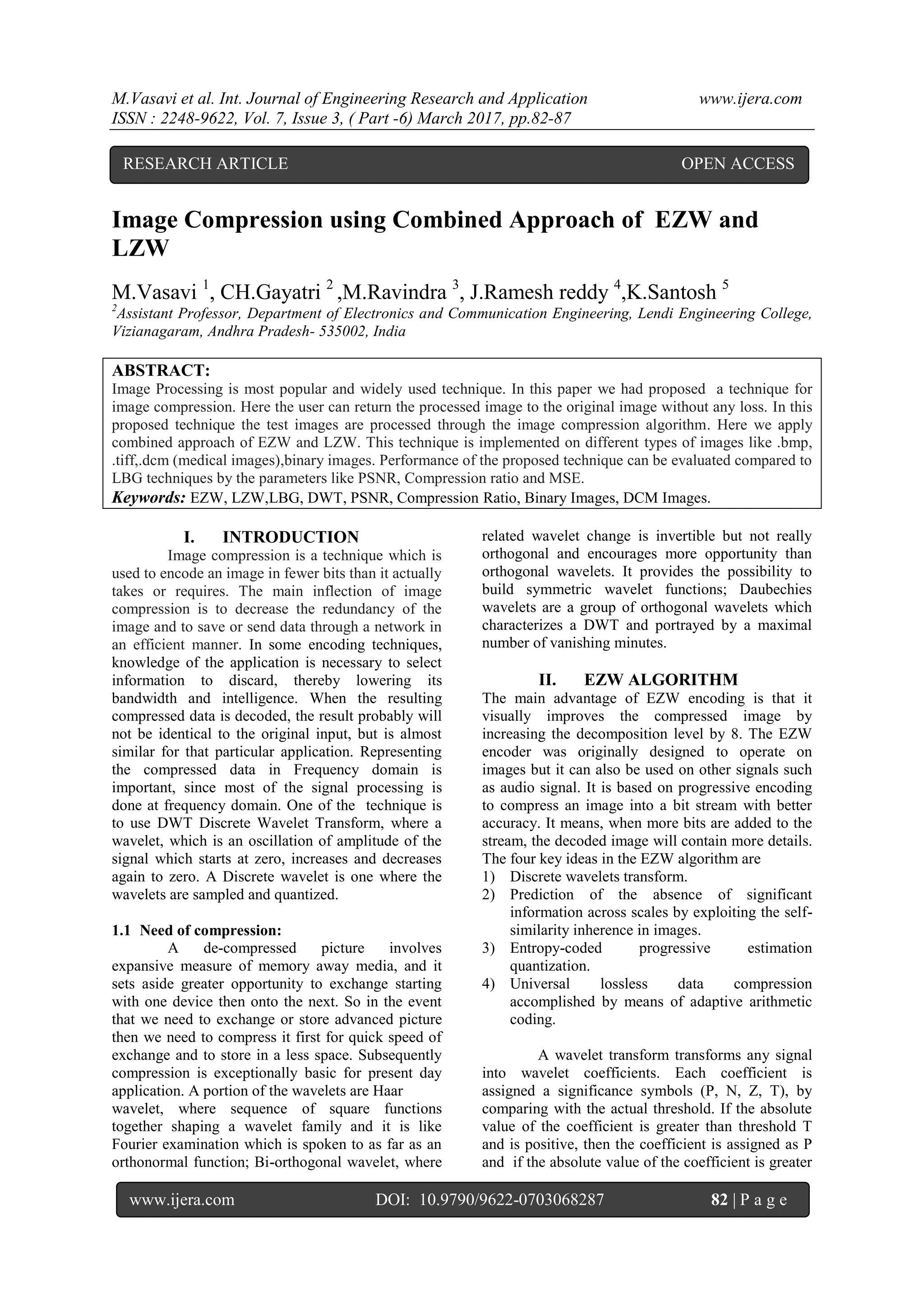 Image Compression using Combined Approach of EZW and LZW | PDF