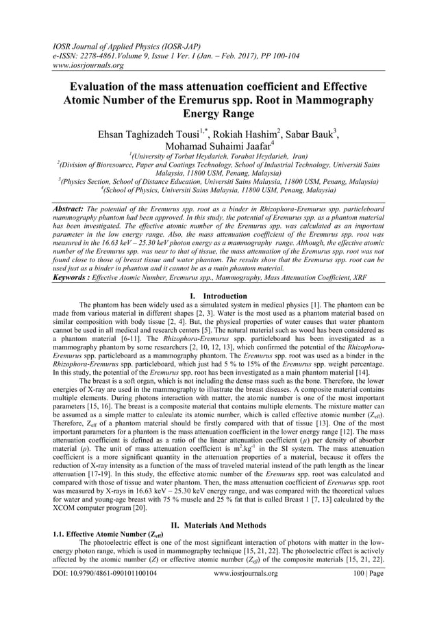 Evaluation of the mass attenuation coefficient and Effective Atomic ...