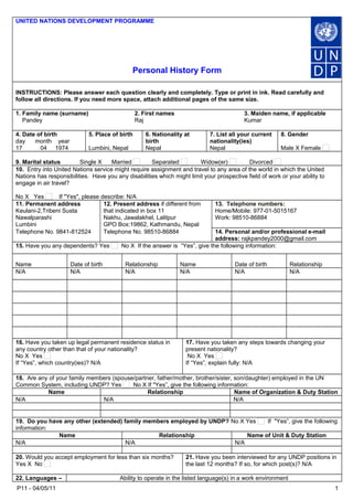 P11 form undp - raj k pandey as of 2014 for UN | DOC | Postgraduate ...