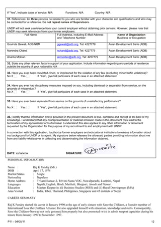 P11 form undp - raj k pandey as of 2014 for UN | DOC | Postgraduate ...