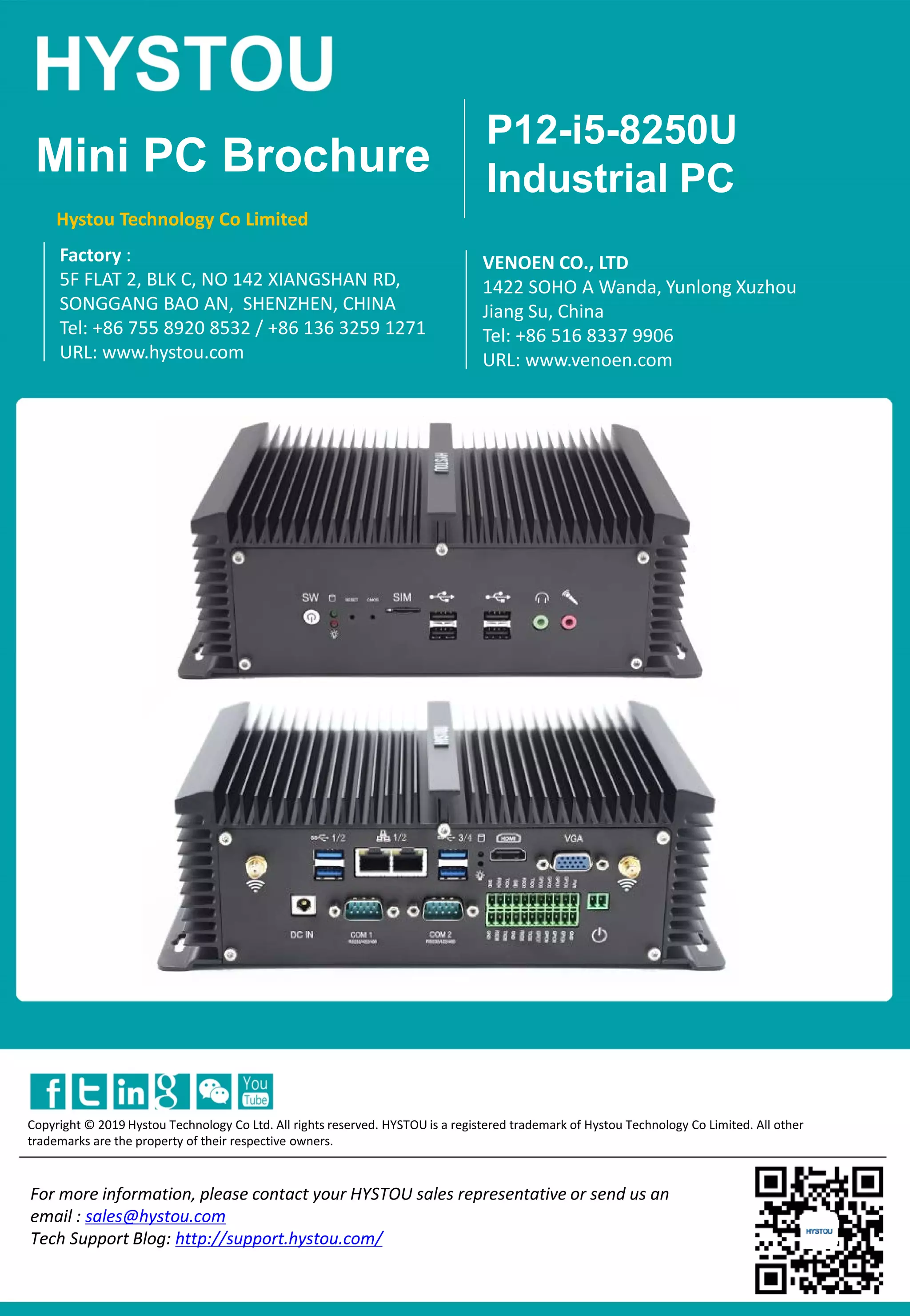 Datasheet for Hystou Mini Industrial PC model P12-i5-8250U | PDF