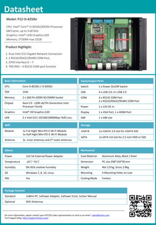 Datasheet for Hystou Mini Industrial PC model P12-i5-8250U | PDF