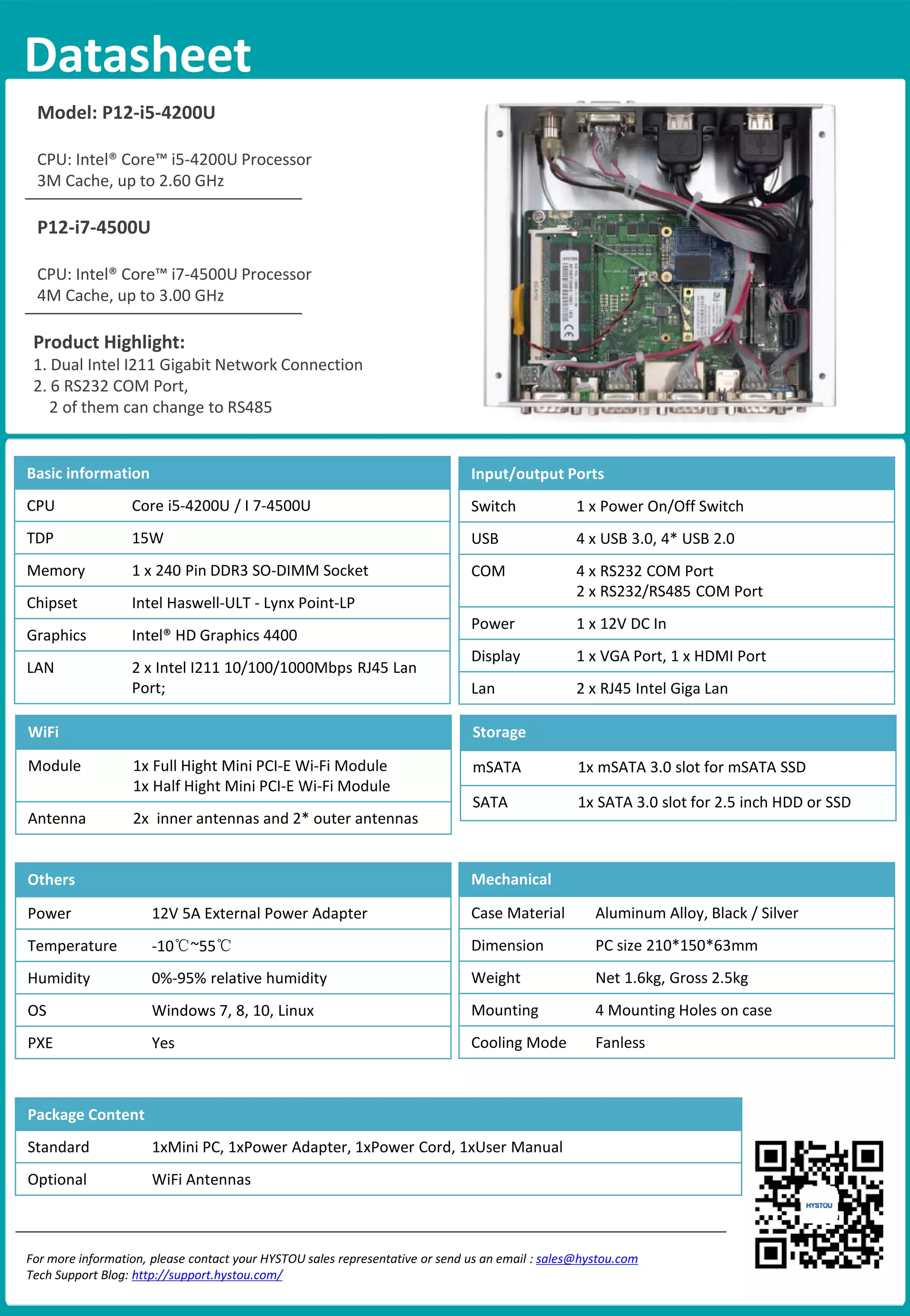 Datasheet for Hystou Mini Industrial PC model P12-i5-4200U and i7-4500U ...