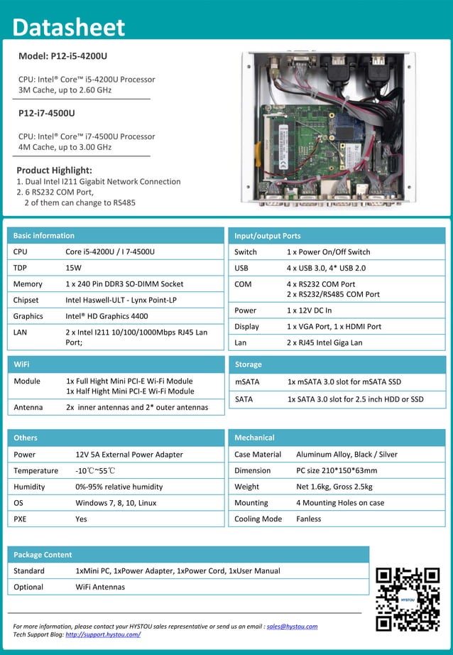 Datasheet for Hystou Mini Industrial PC model P12-i5-4200U and i7-4500U | PDF | Computer ...