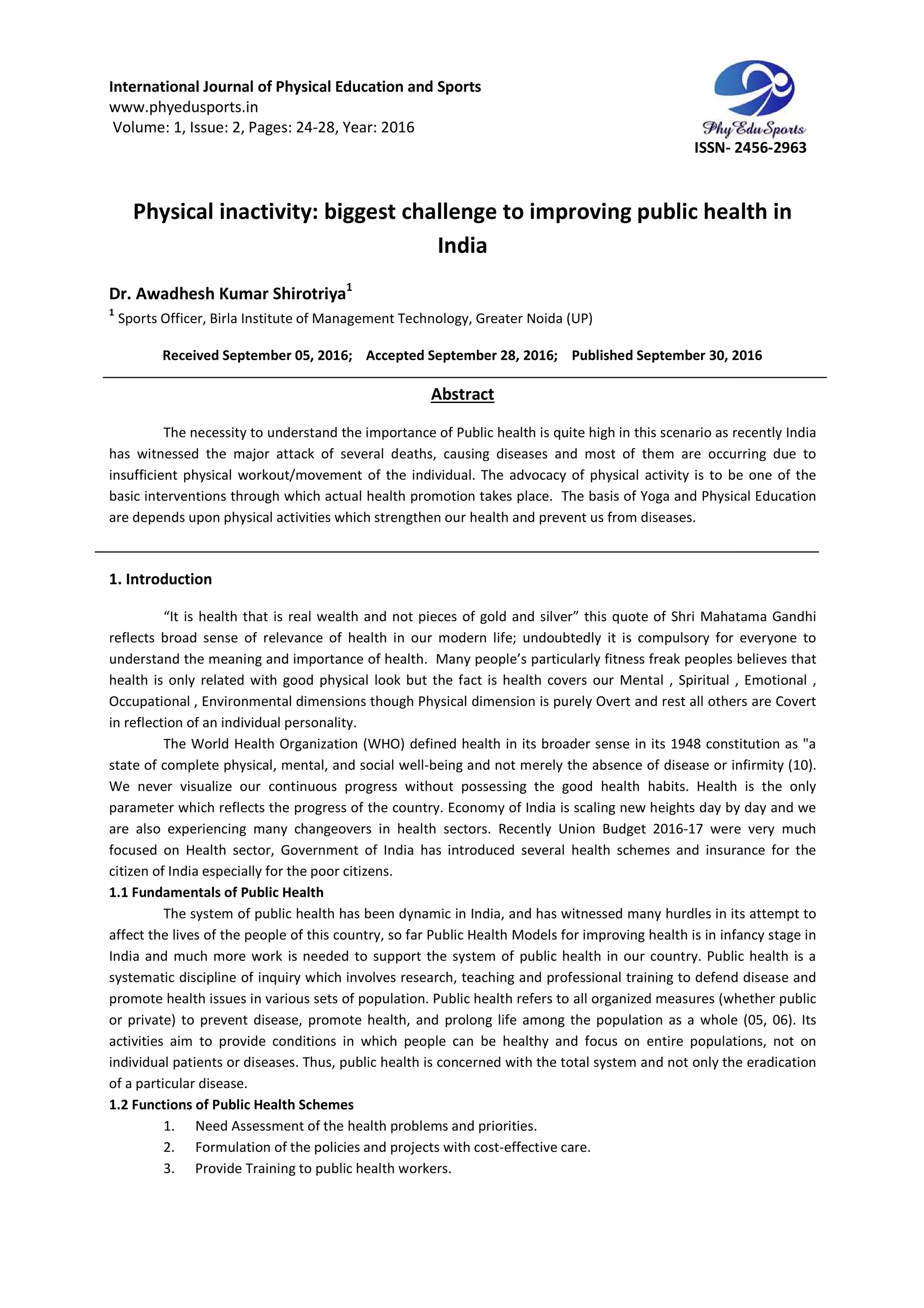 Physical inactivity: biggest challenge to improving public health in India | PDF