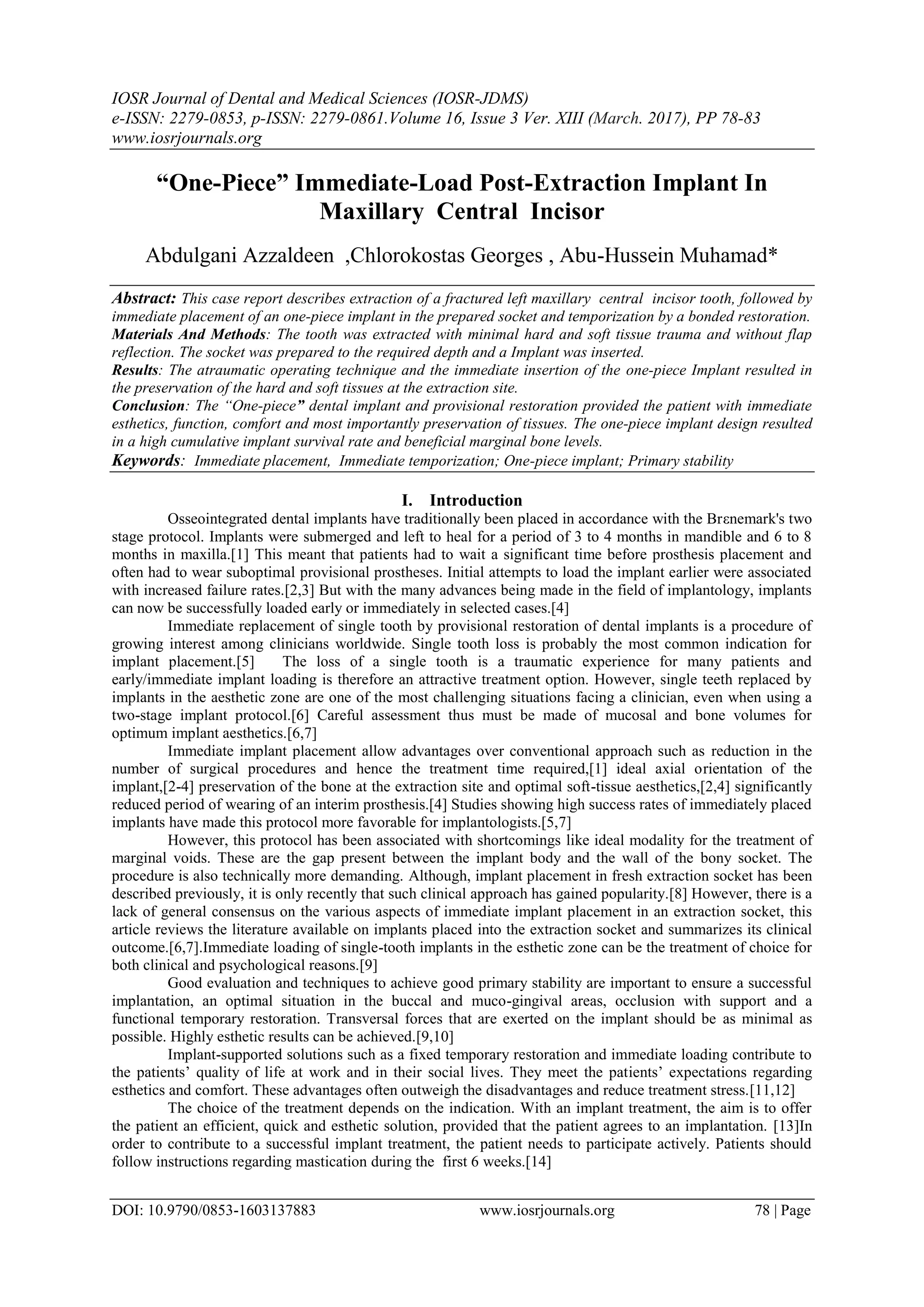 “One-Piece” Immediate-Load Post-Extraction Implant In Maxillary Central ...