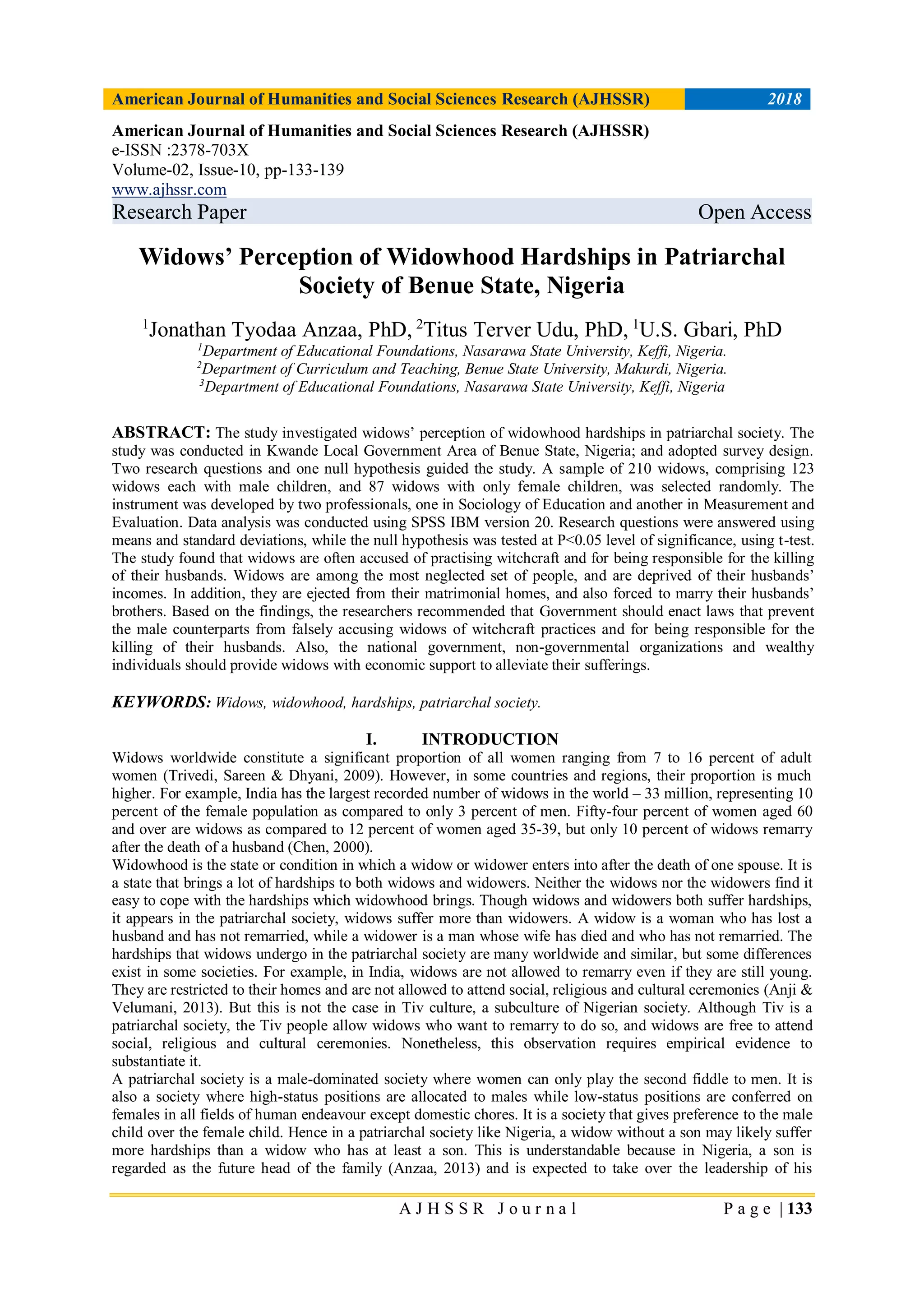 Widows’ Perception of Widowhood Hardships in Patriarchal Society of ...