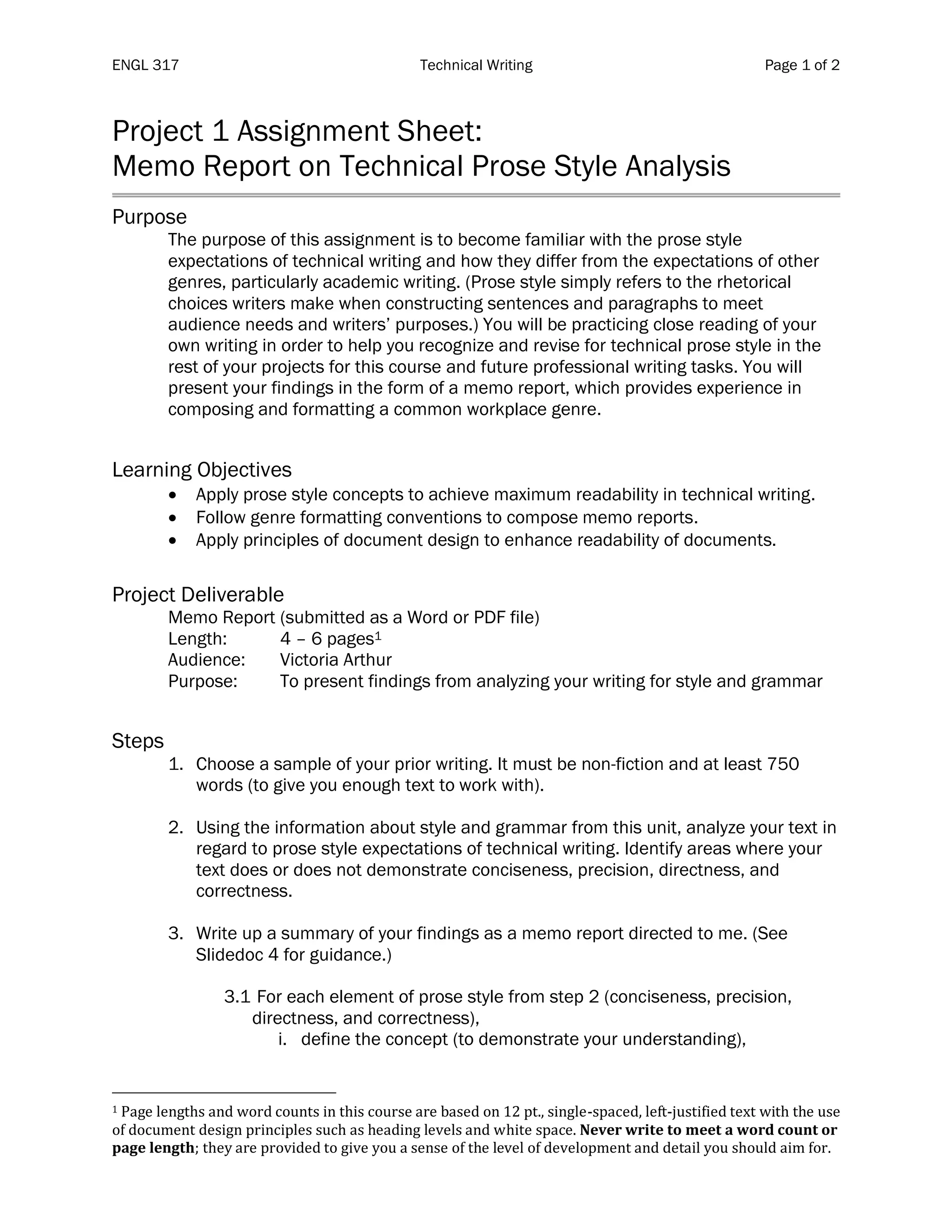Eng 317H Project 1 Assignment Sheet | PDF