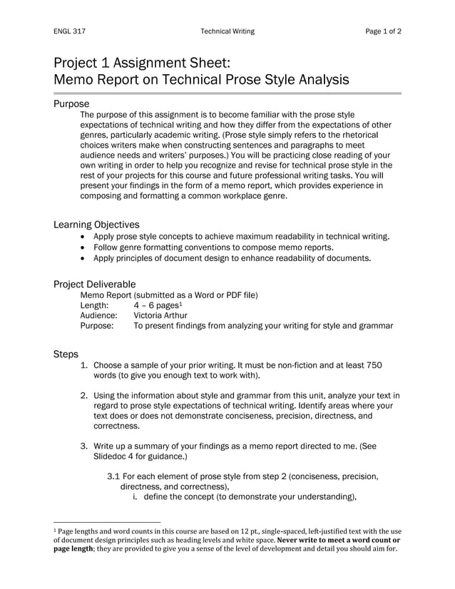 Eng 317H Project 1 Assignment Sheet | PDF