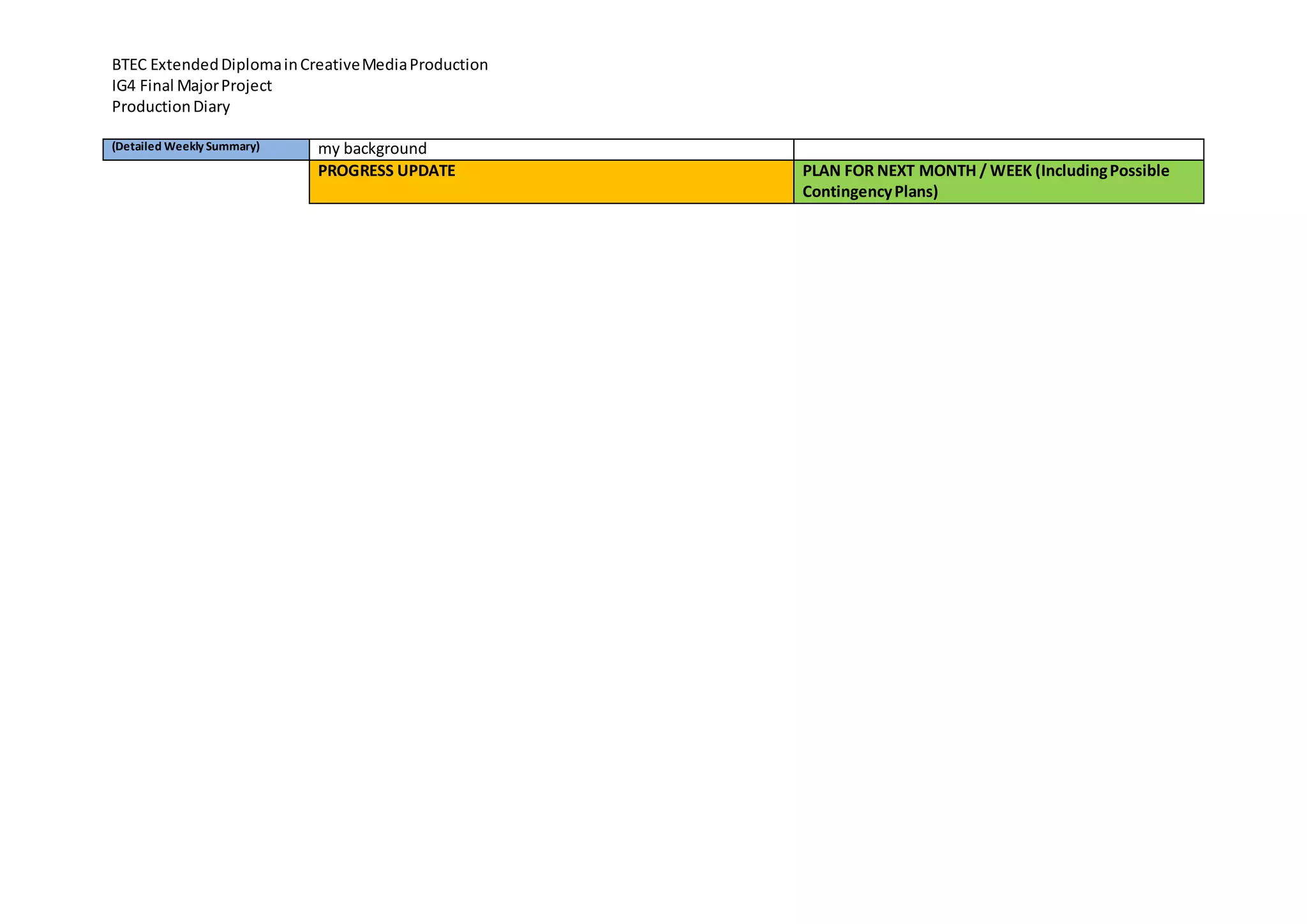 Final major project production diary template 2014 2015 2 | PPT