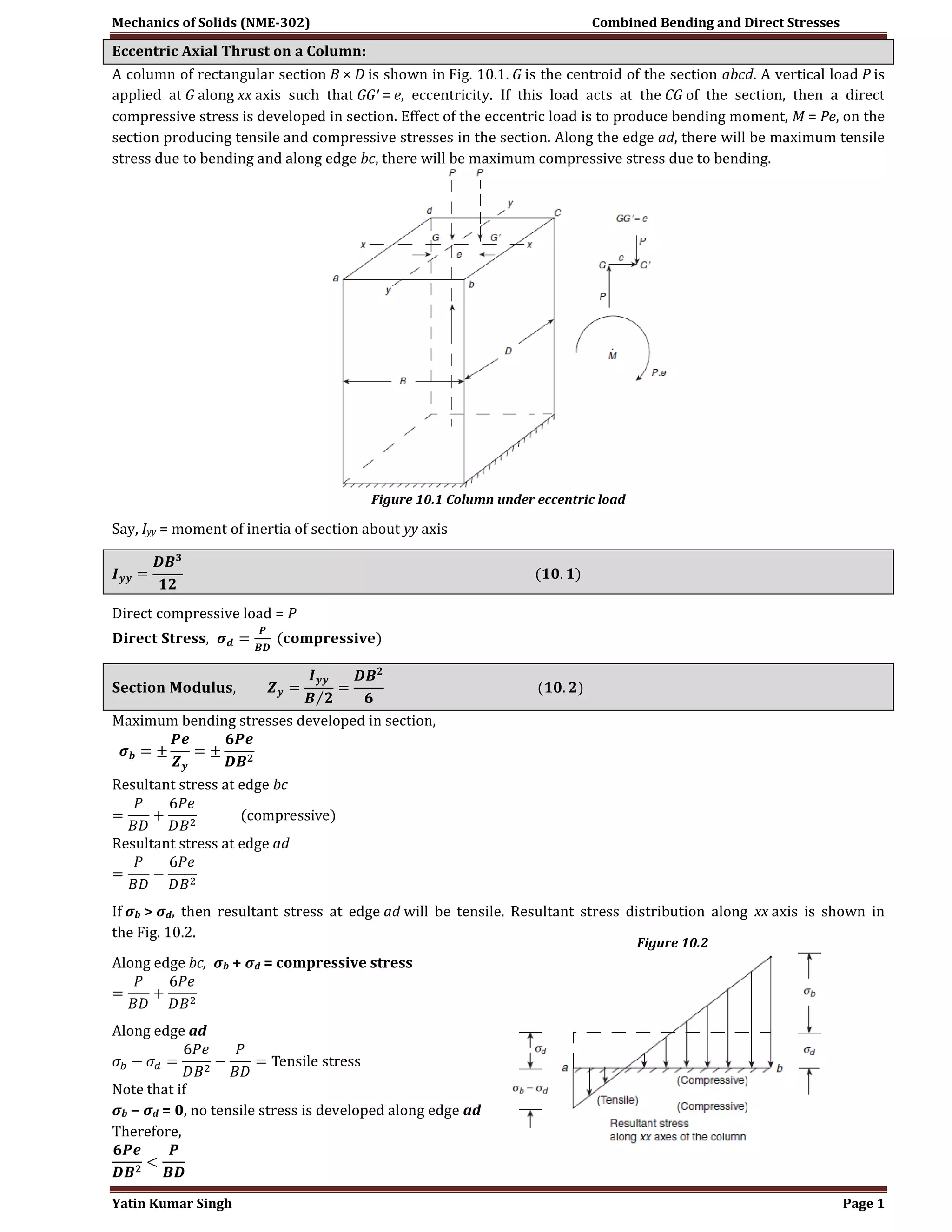 Combined bending and direct stresses | PDF