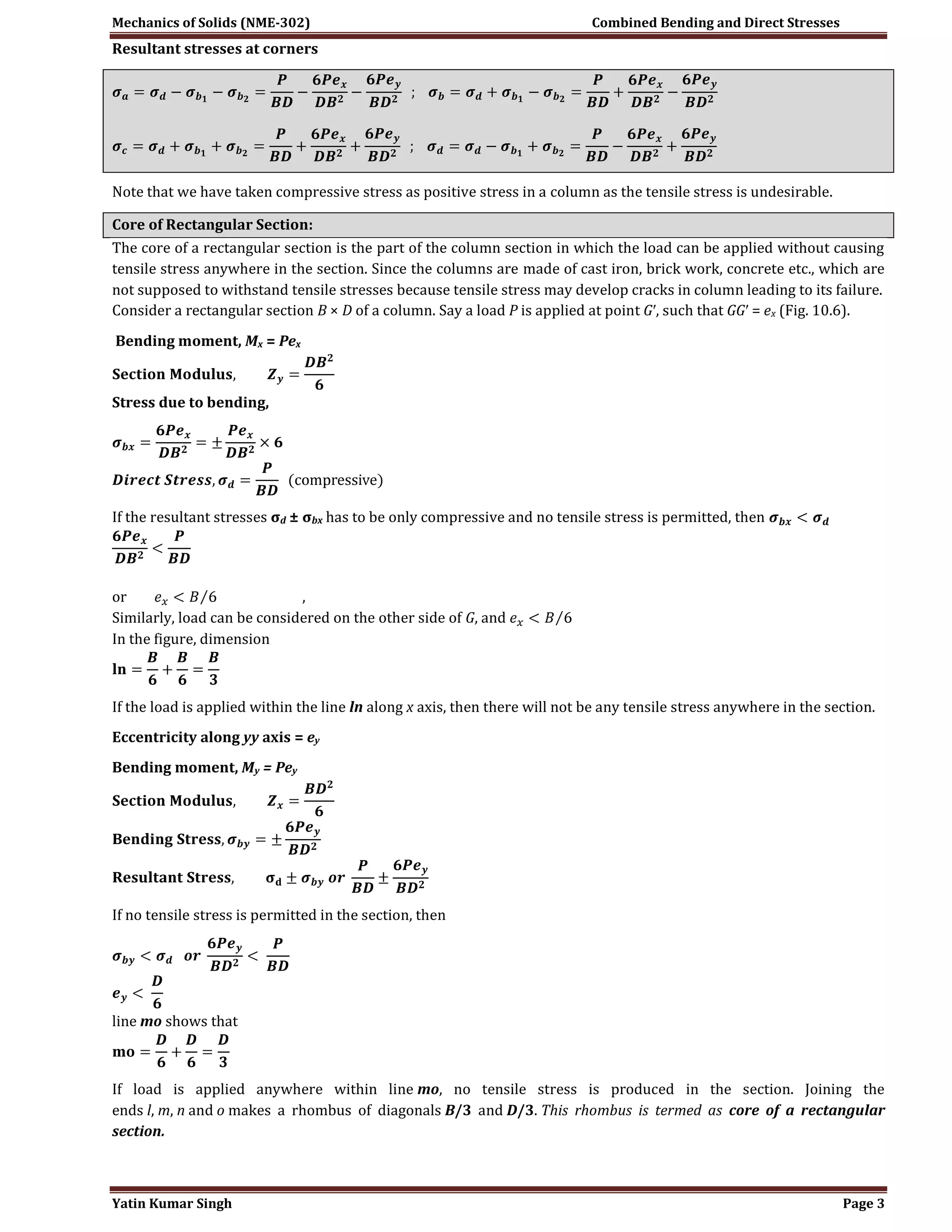 Combined bending and direct stresses | PDF