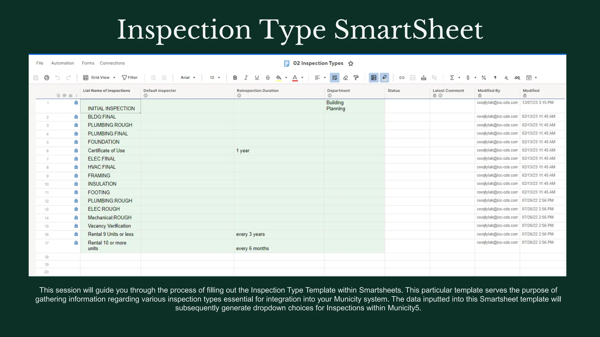 P1 Inspection Types in Municity 5 Smartsheet | PPSX