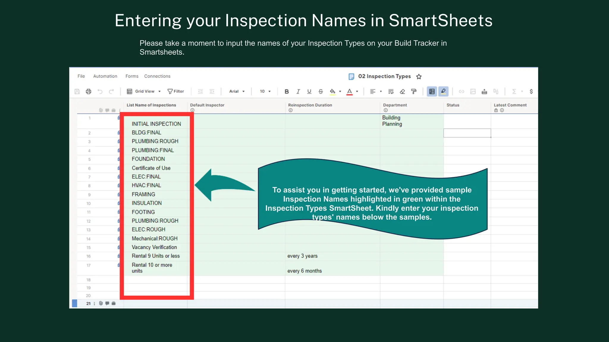 P1 Inspection Types in Municity 5 Smartsheet | PPSX