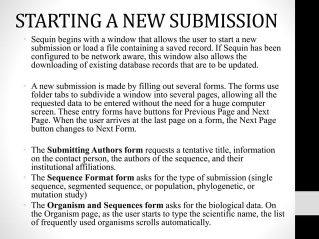 Submitting DNA sequences to the databases, SEQUIN.pptx | Databases | Computer Software and ...