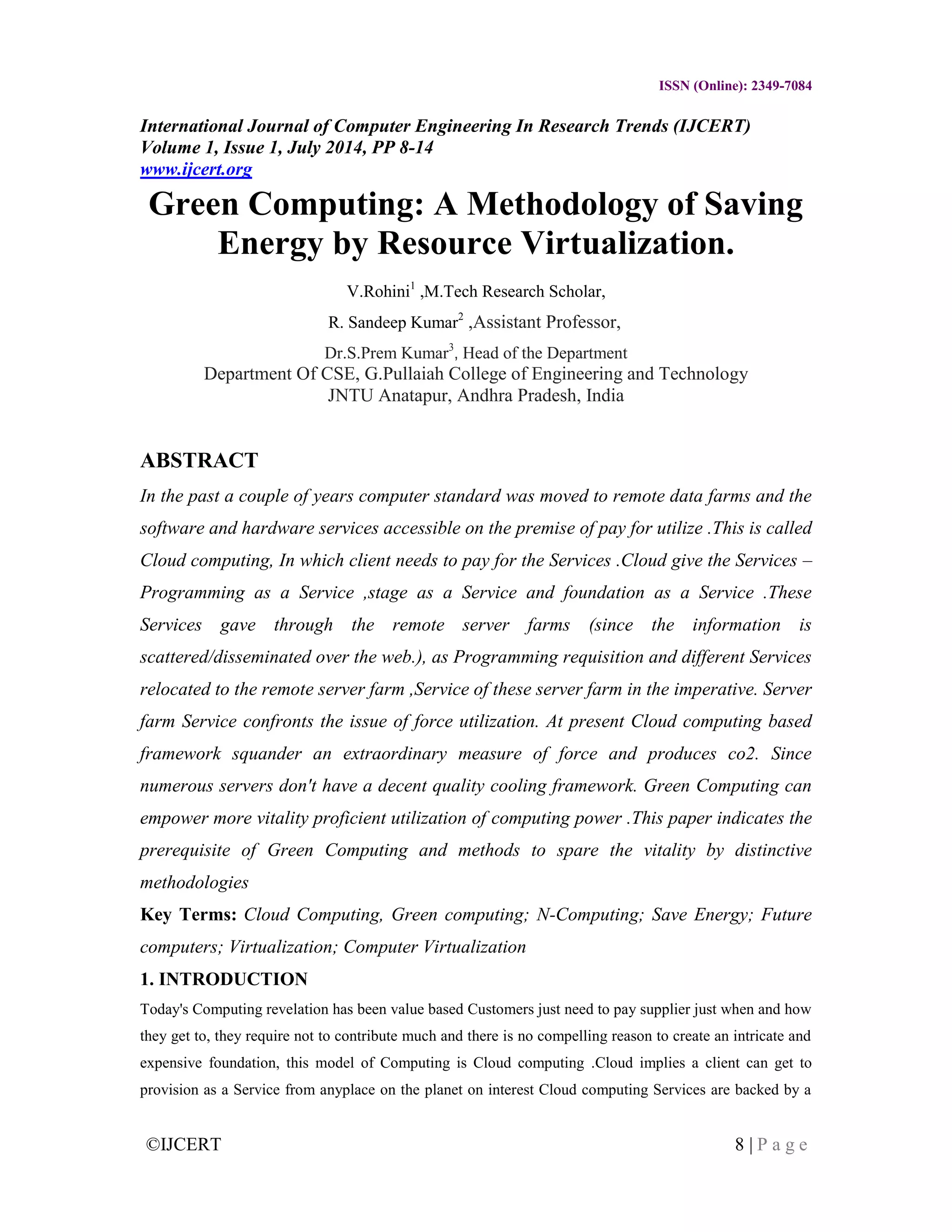 Green Computing: A Methodology of Saving Energy by Resource ...