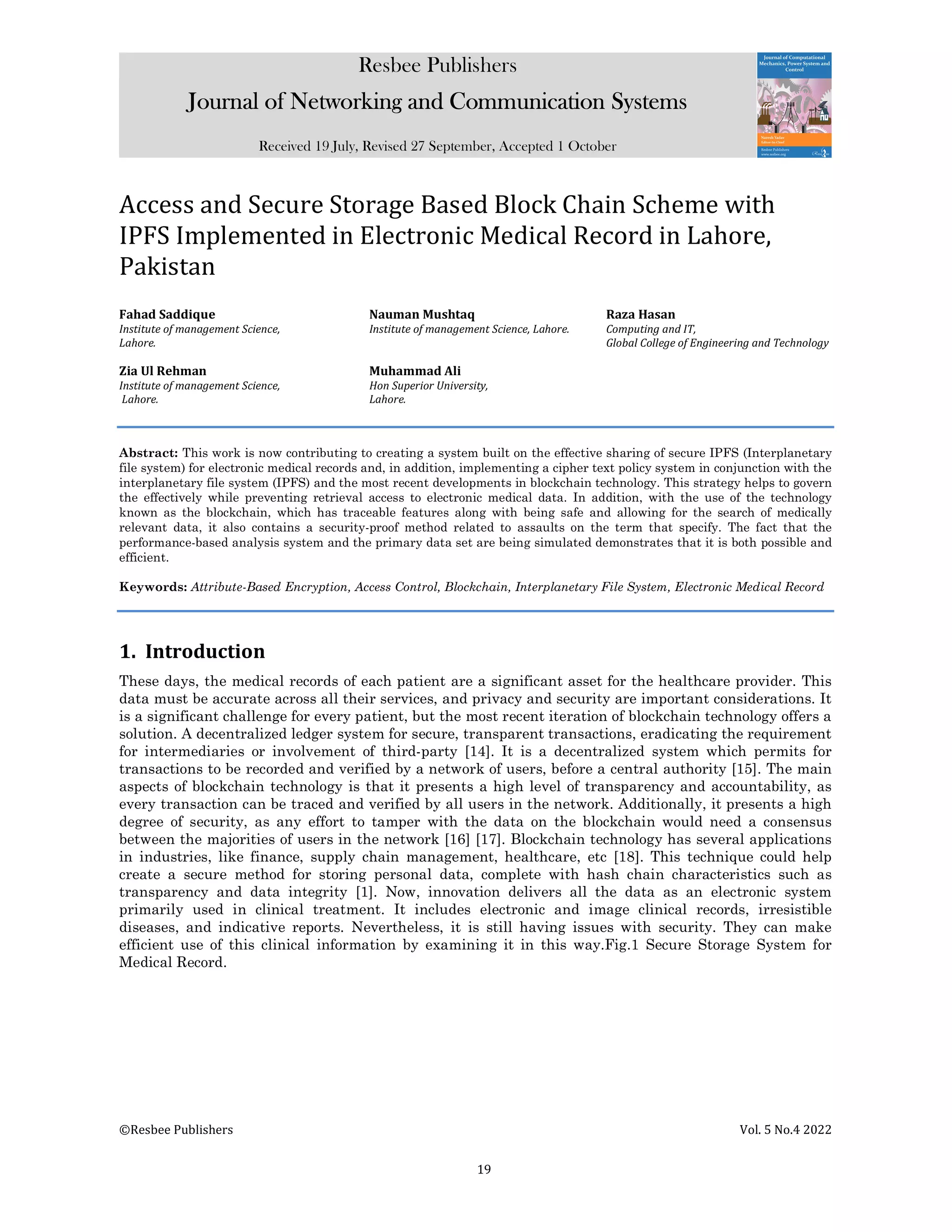 Access and Secure Storage Based Block Chain Scheme with IPFS Implemented in Electronic Medical ...