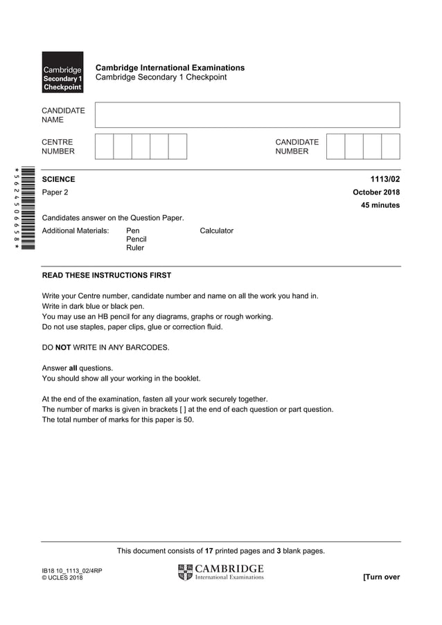 Cambridge Lower Secondary Checkpoint Past Paper P2 october-2018-science ...