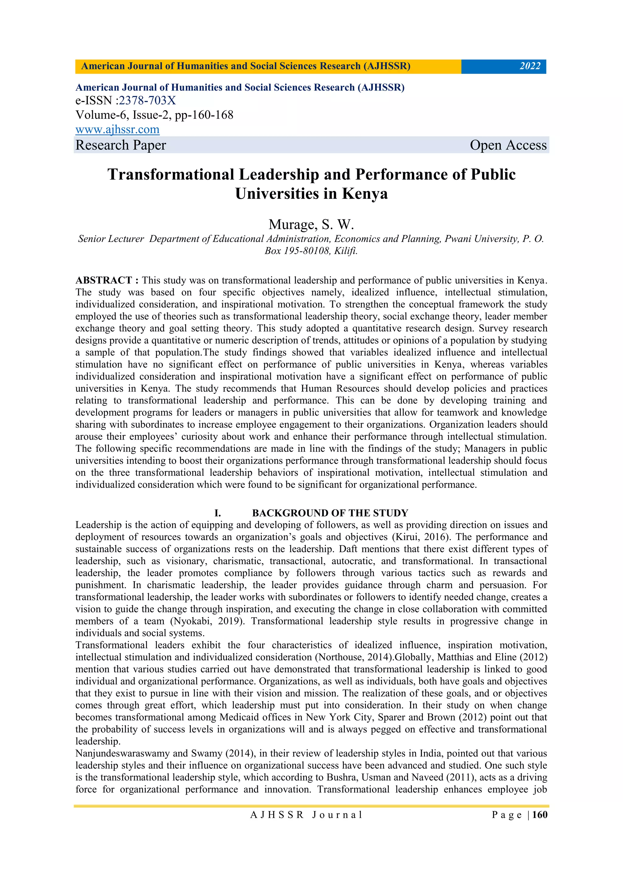 Transformational Leadership and Performance of Public Universities in Kenya | PDF
