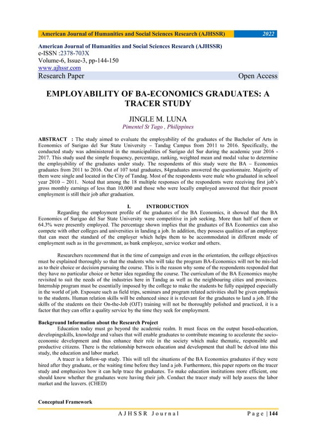 EMPLOYABILITY OF BA-ECONOMICS GRADUATES: A TRACER STUDY | PDF