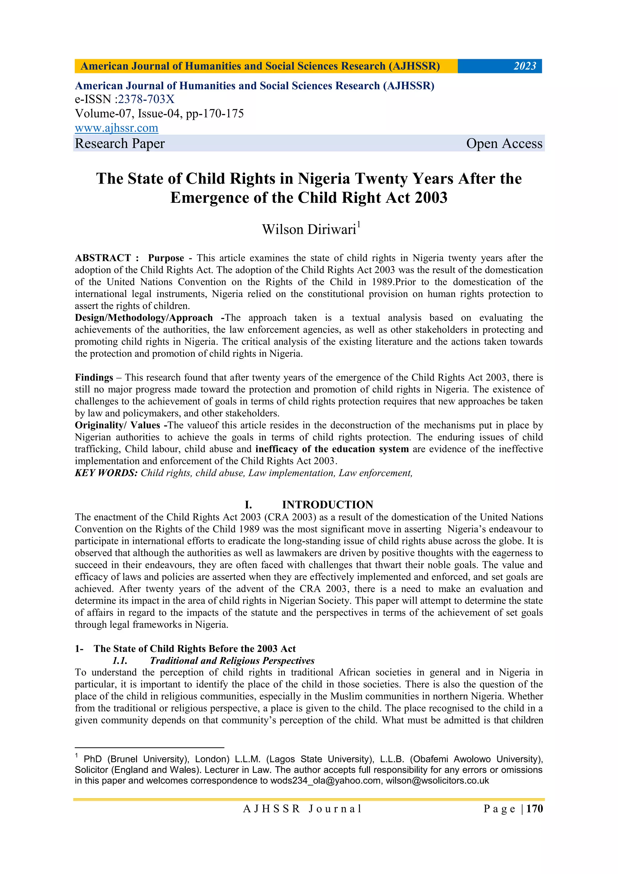 The State of Child Rights in Nigeria Twenty Years After the Emergence ...