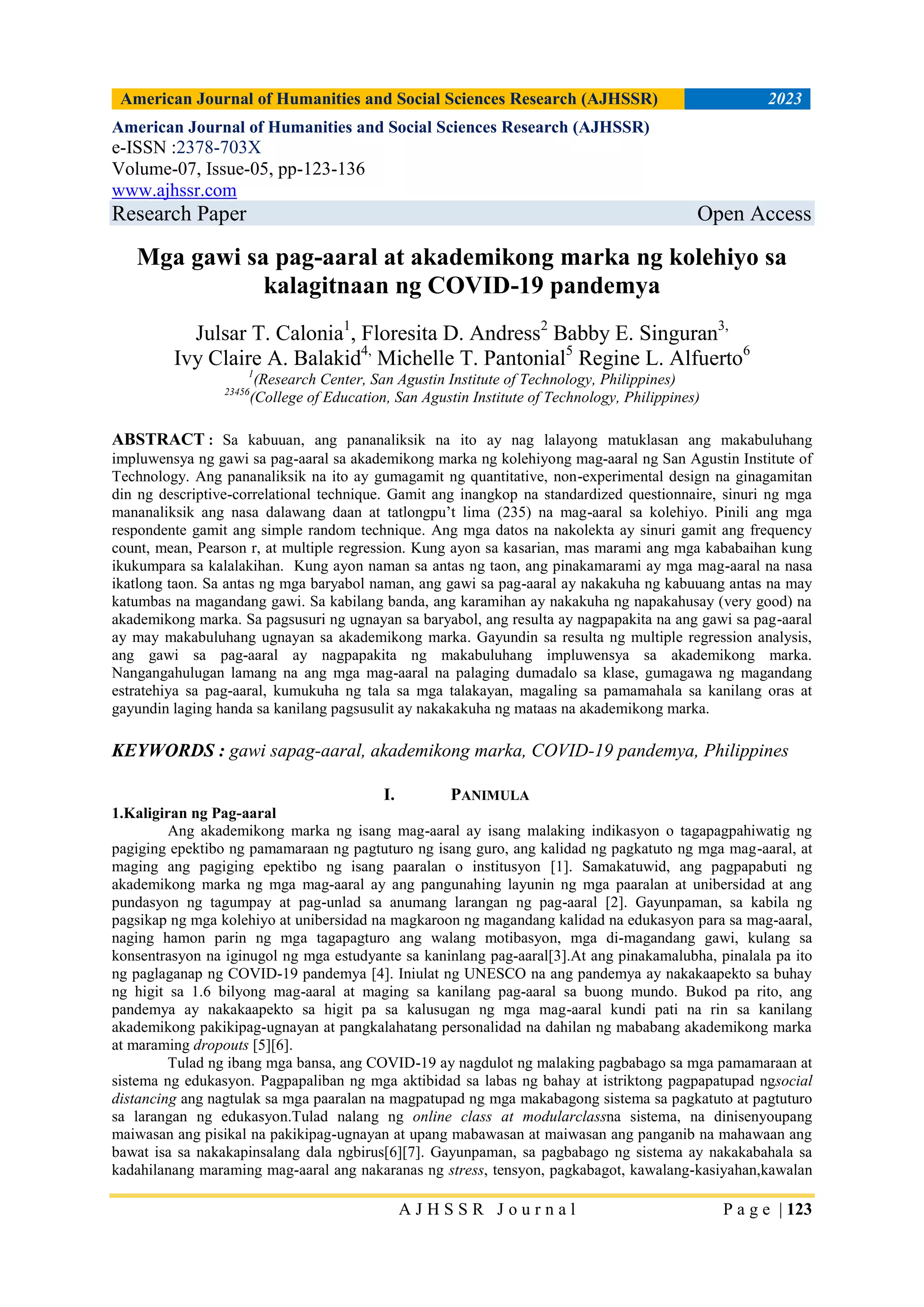 Mga gawi sa pag-aaral at akademikong marka ng kolehiyo sa kalagitnaan ng COVID-19 pandemya | PDF