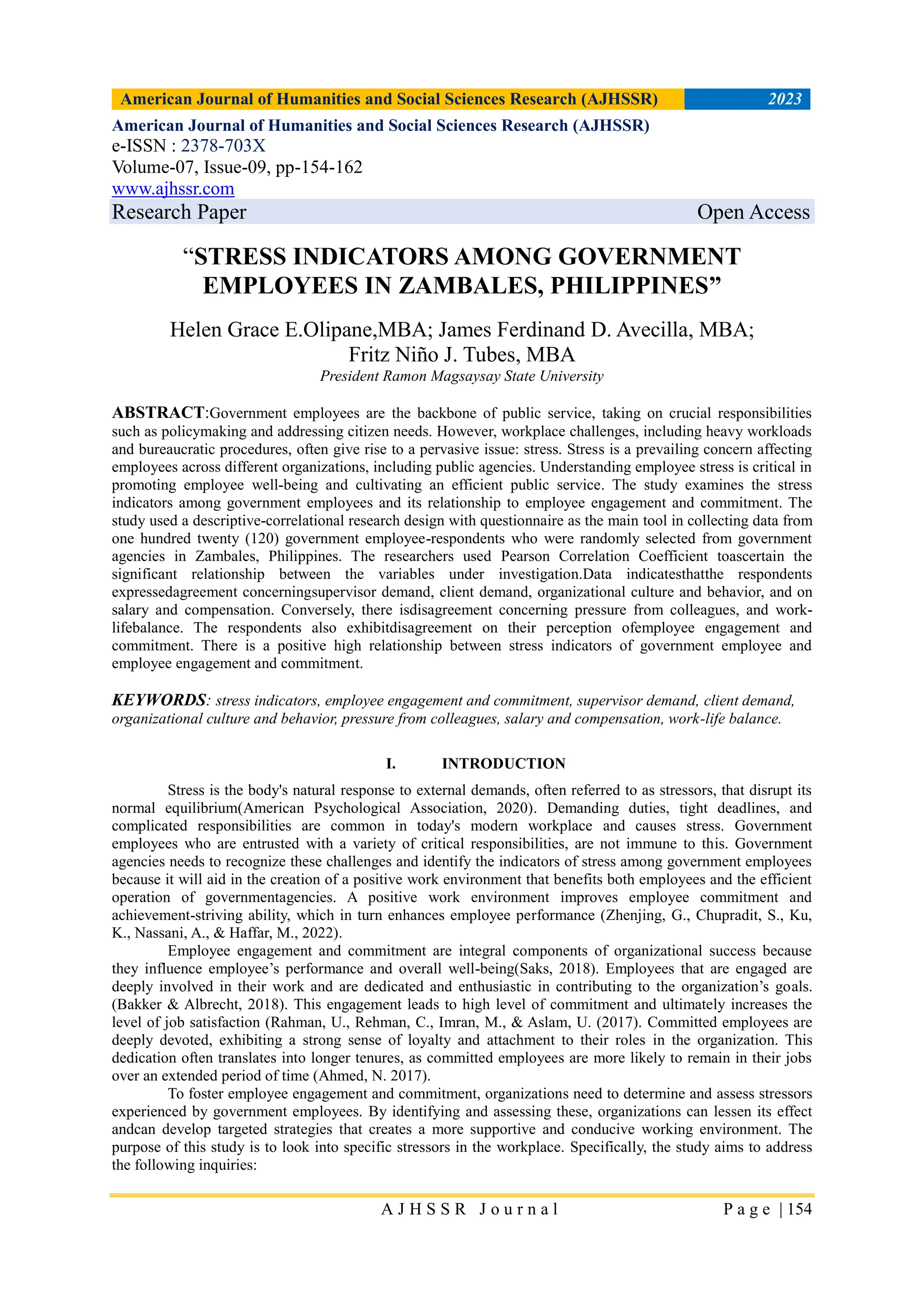 “STRESS INDICATORS AMONG GOVERNMENT EMPLOYEES IN ZAMBALES, PHILIPPINES ...
