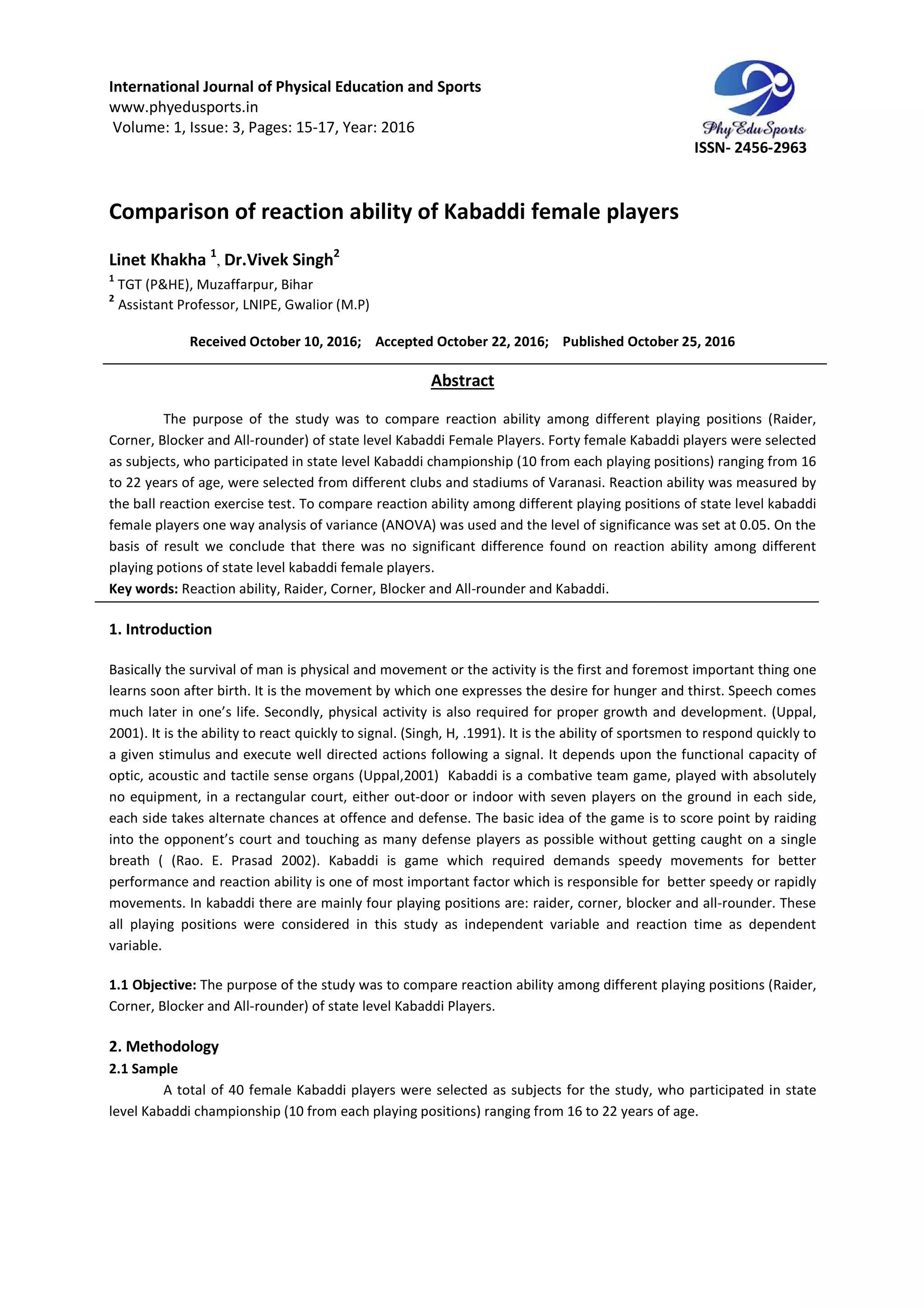 Comparison of reaction ability of kabaddi female players | PDF