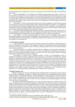 The Existence of Rejang Customary Law in Case Settlement in Rejang Lebong Regency | PDF