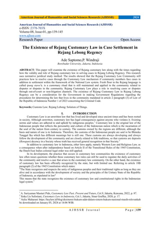 The Existence of Rejang Customary Law in Case Settlement in Rejang Lebong Regency | PDF