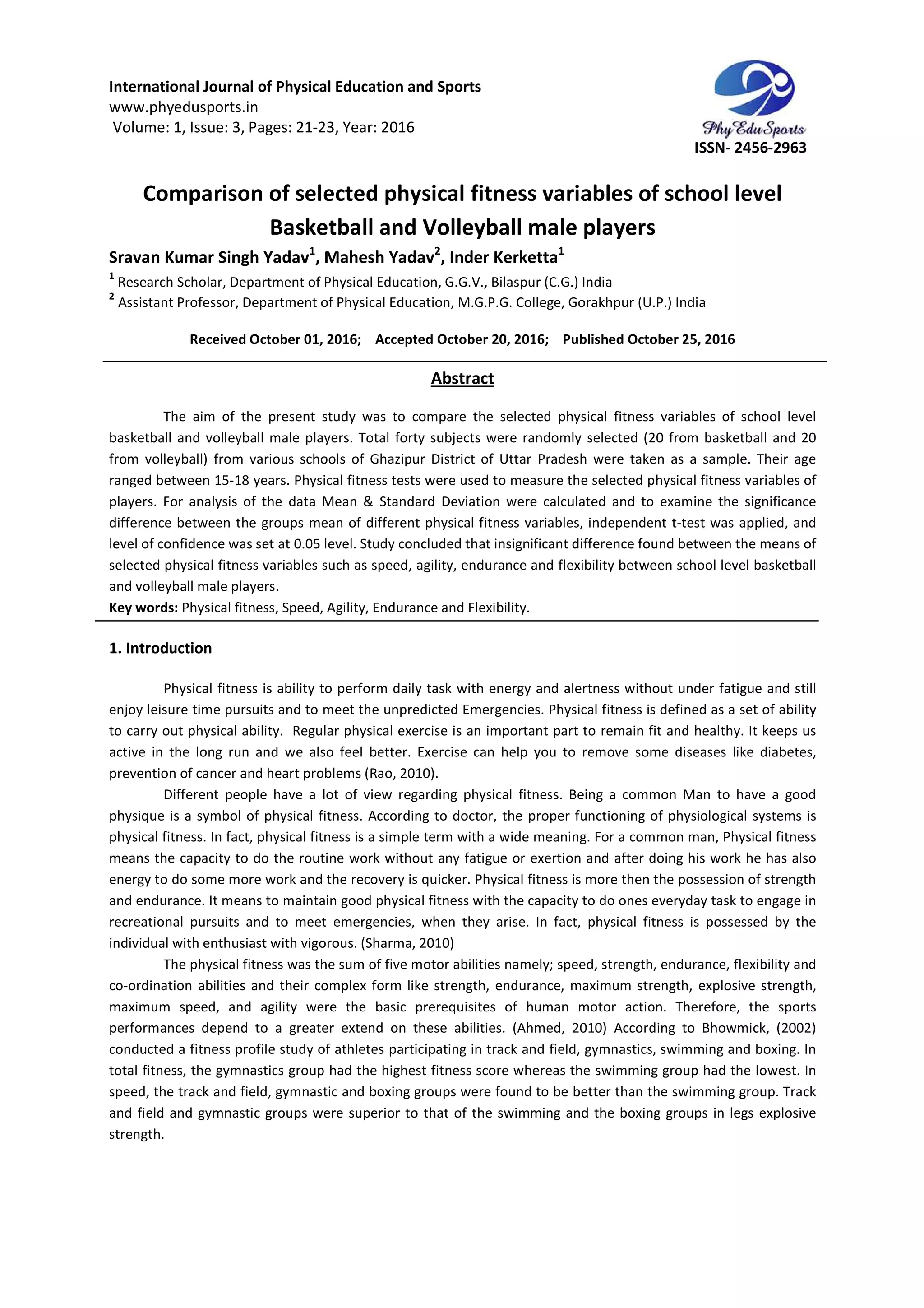 Comparison of selected physical fitness variables of school level ...