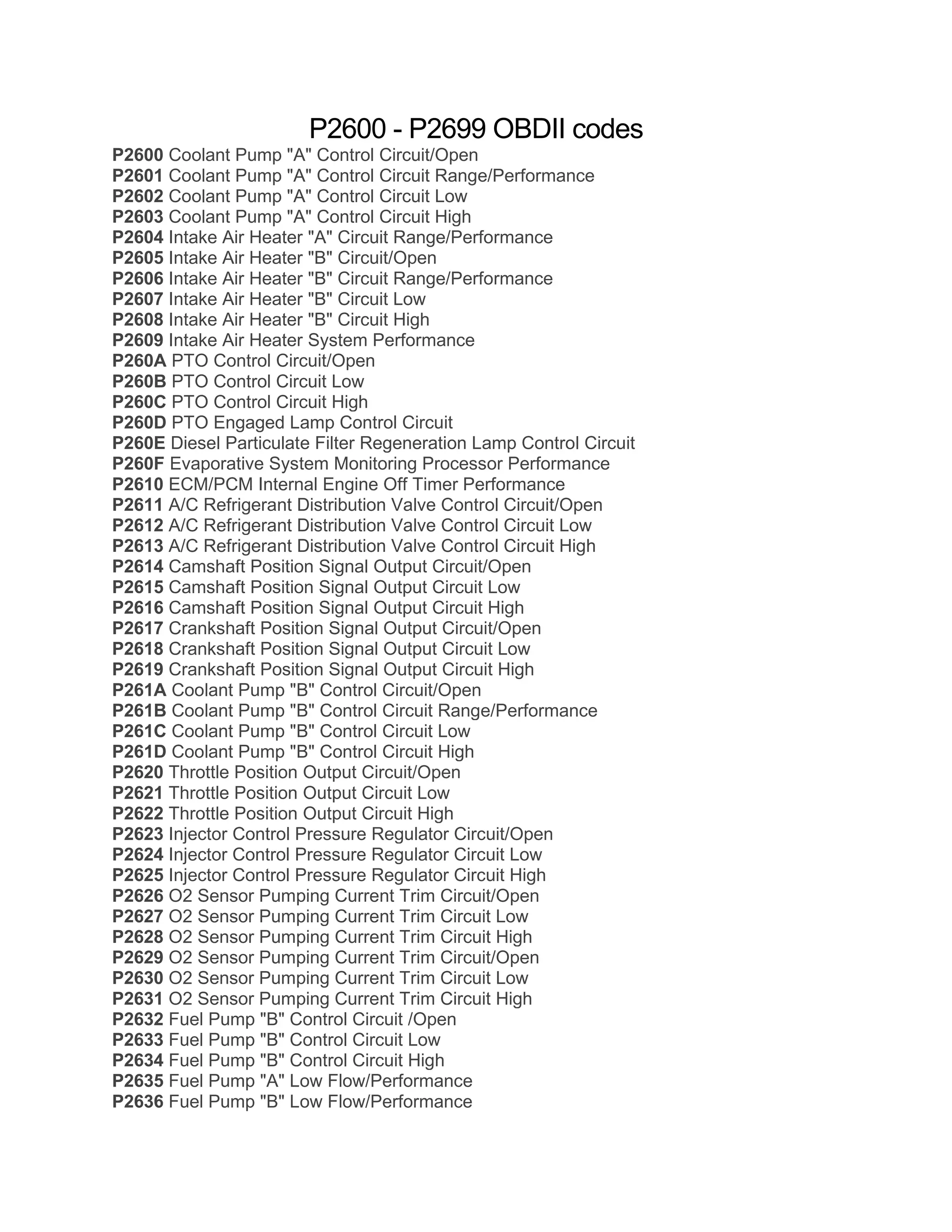 OBD2 Powertrain Code List (P2600- P2699) | PDF
