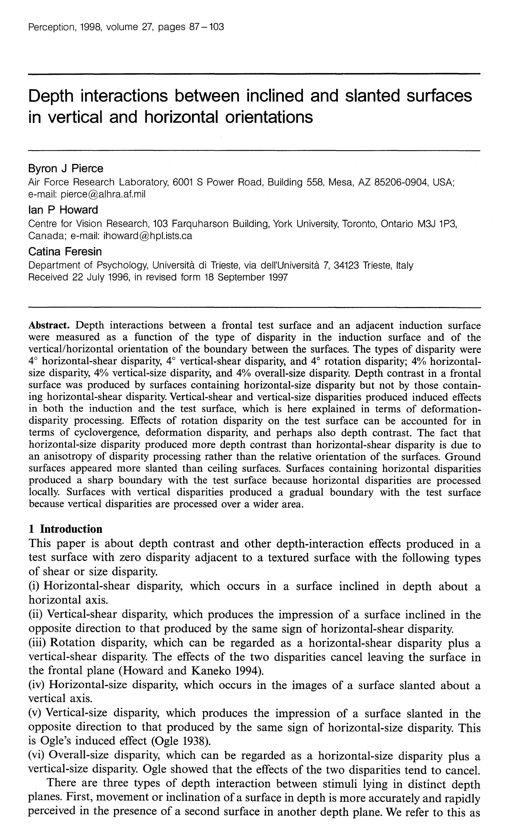 Depth interaction between inclined and slanted surfaces in vertical and ...