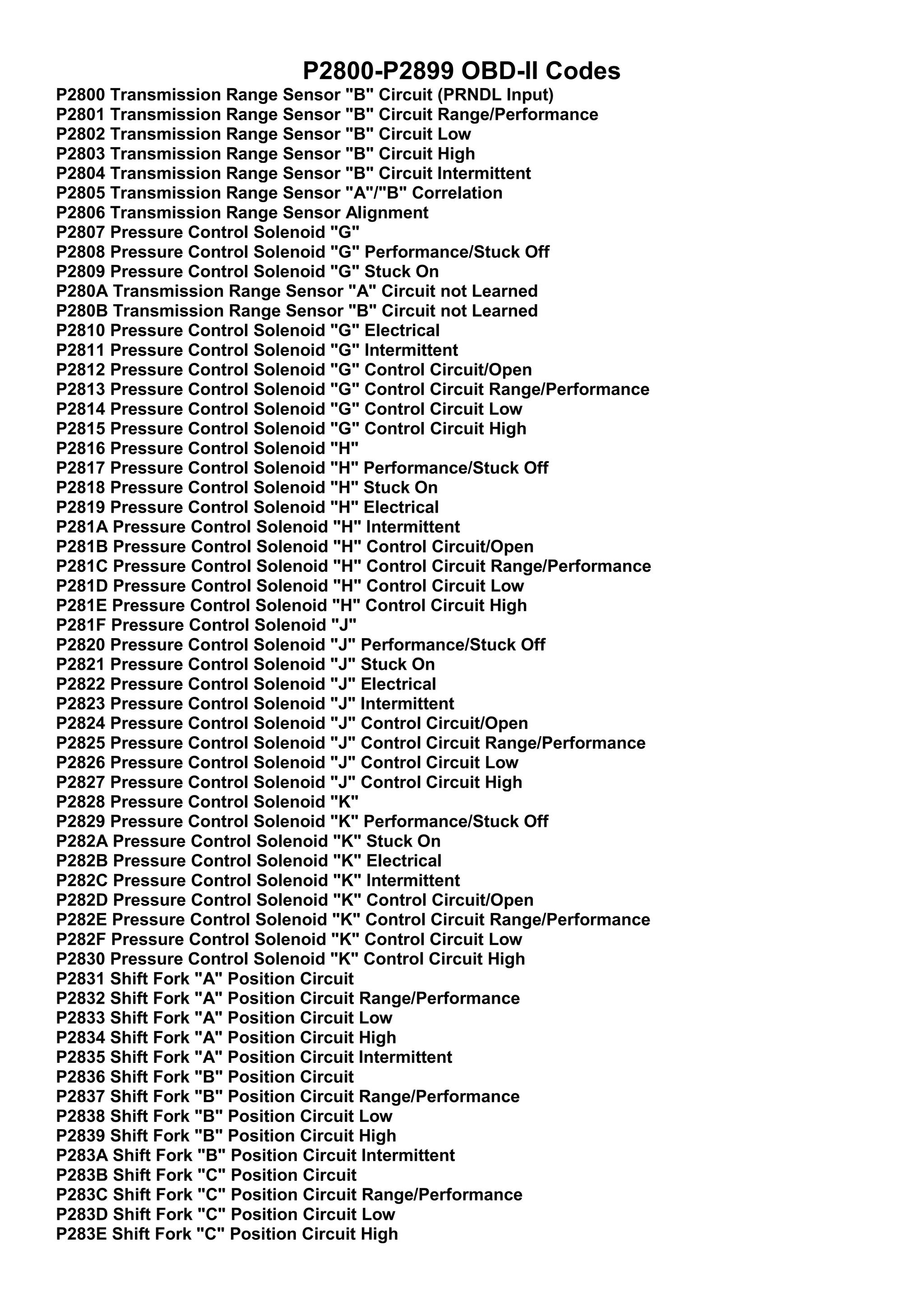 OBD2 Powertrain Code List (P2800- P2899) | PDF