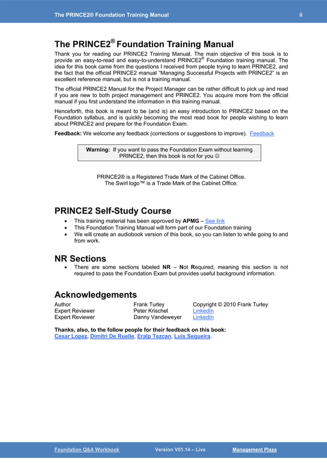 PRINCE2 Foundation Training Manual by Frank Turley | PDF | Business ...