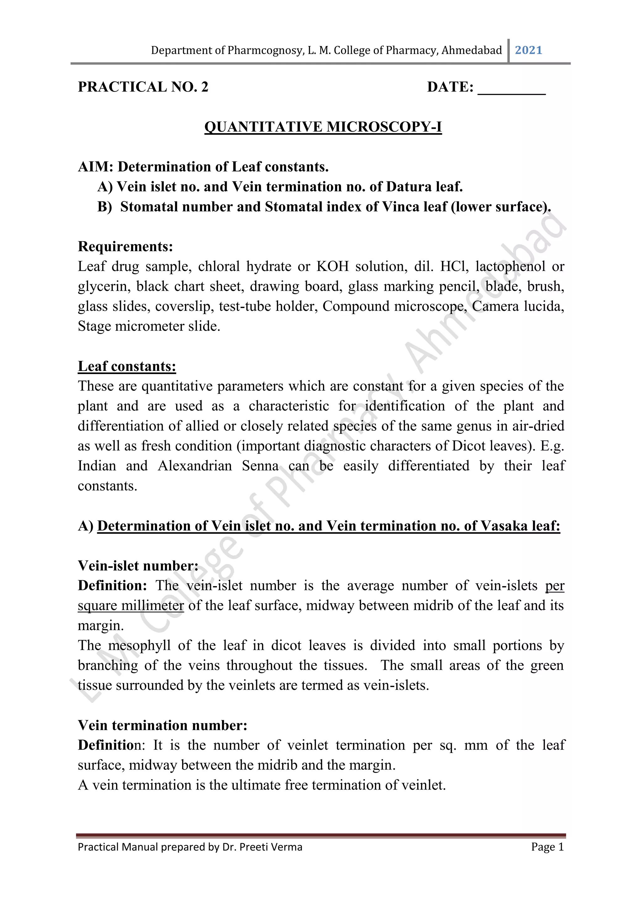 Leaf constants practical manual 2021- By Dr. Preeti Verma | PDF