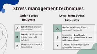 Mental Health and Well-being including stress management techniques | PPTX