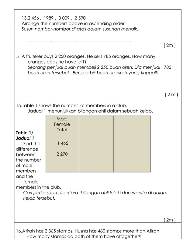 Peperiksaan Akhir tahun - Mathematics Year 4 Paper 2r | DOC