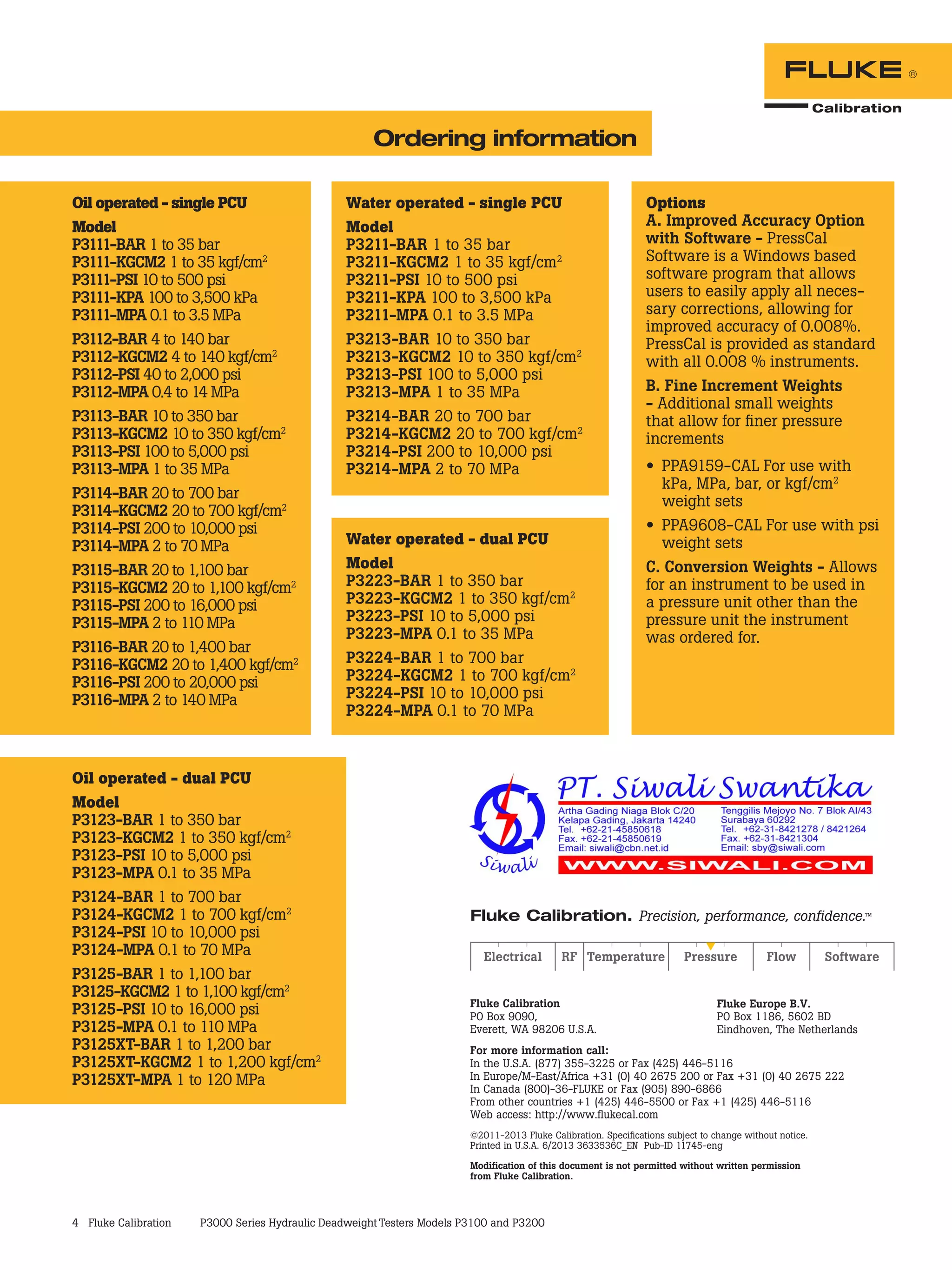 Technical Data Fluke Calibration P3000 Series Hydraulic Deadweight ...
