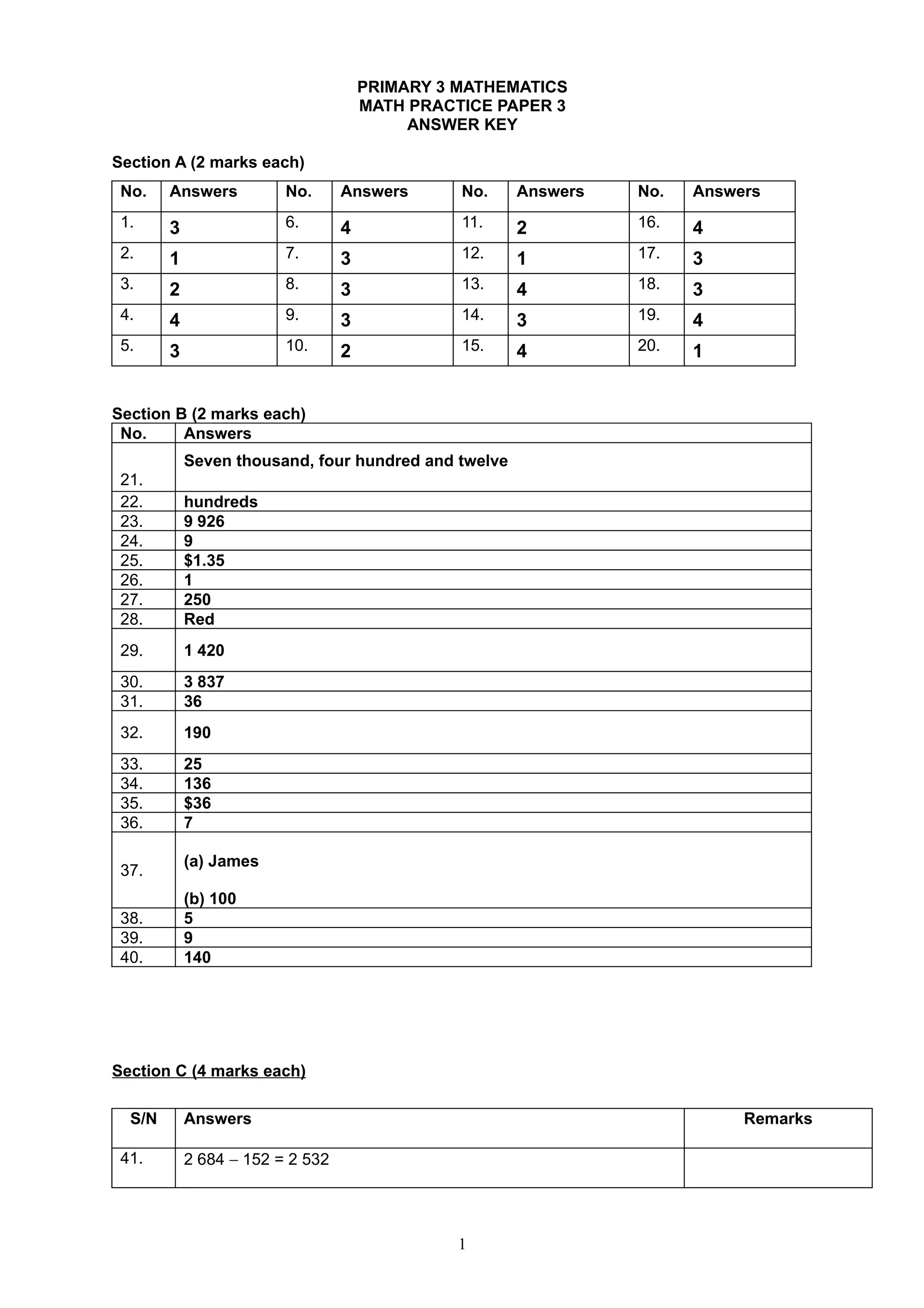 P3 Math Practice Paper 3 | PDF
