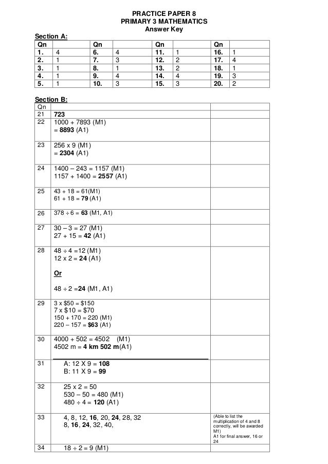 P3 Math Practice Paper 8 2013 Answer Key