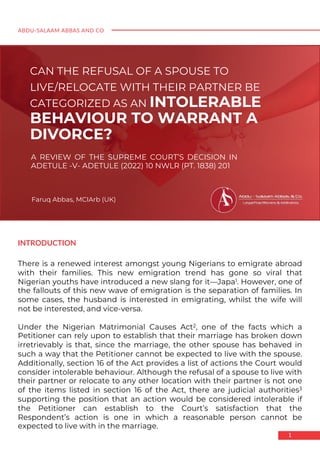 Legal Analysis of Spousal Refusal to Relocate as Intolerable Behaviour ...