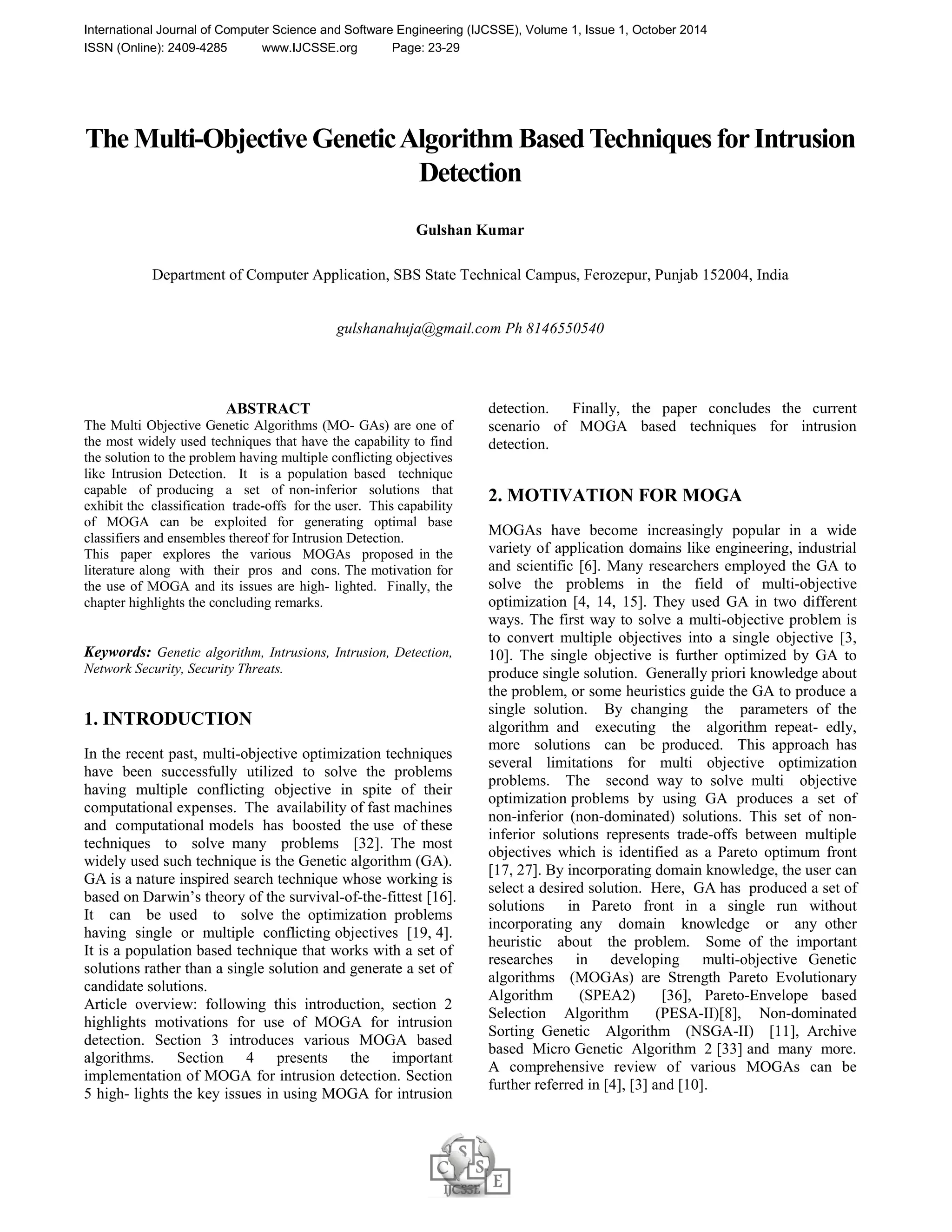 The Multi Objective Genetic Algorithm Based Techniques For Intrusion Detection Pdf Computer
