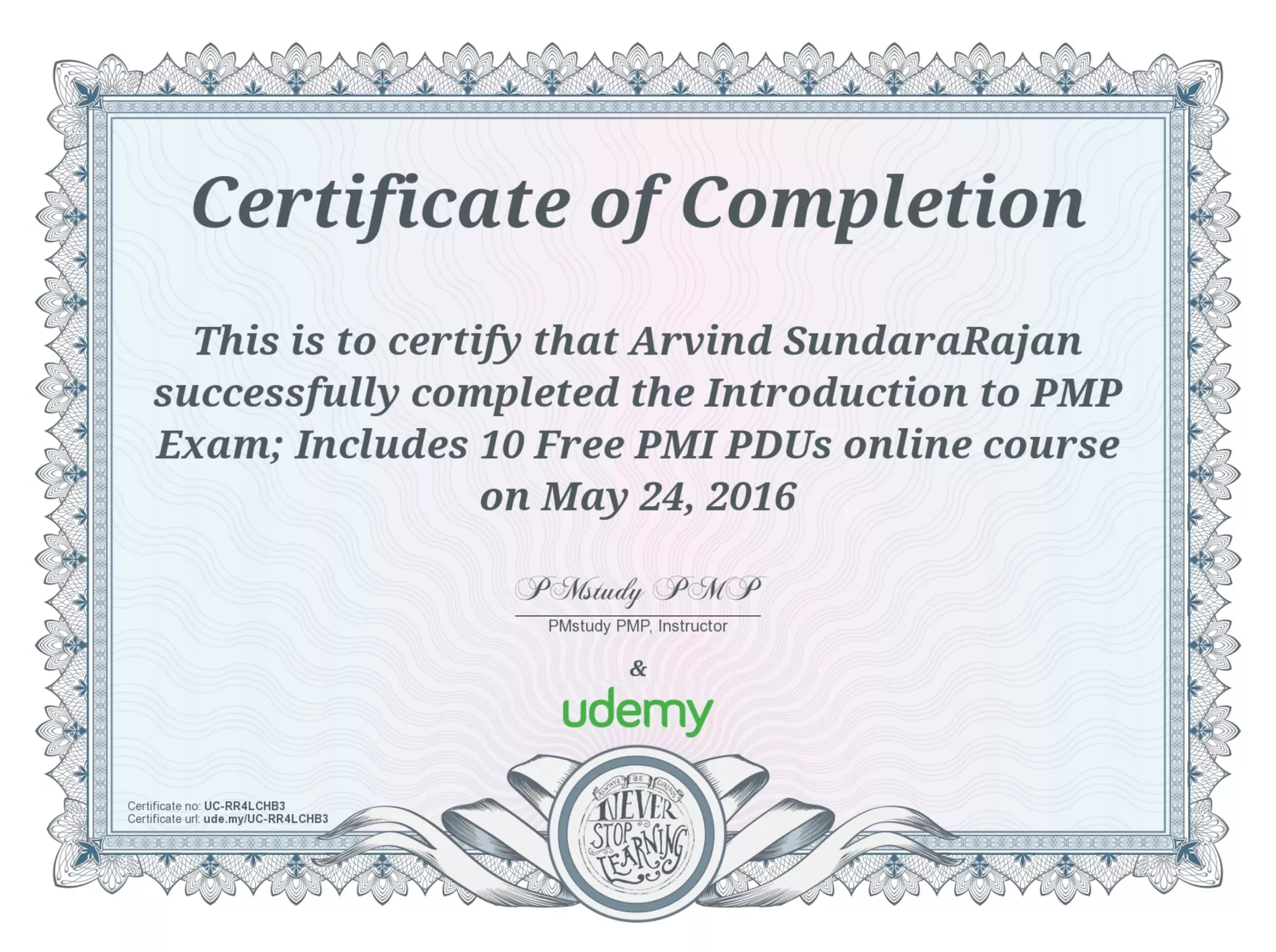 Arvind Sundararajan - PMP Certificate | PDF