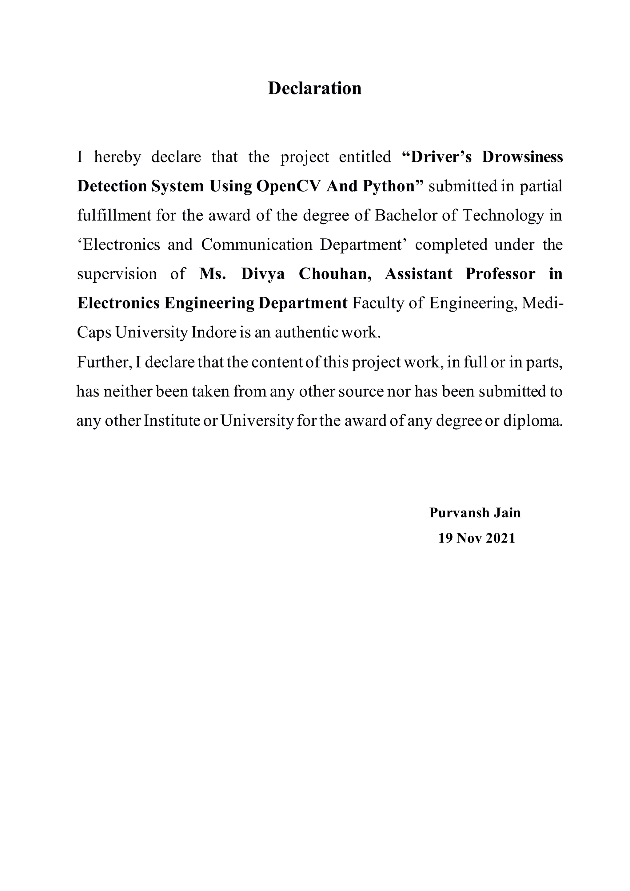 Driver Drowsiness Detection report | PDF