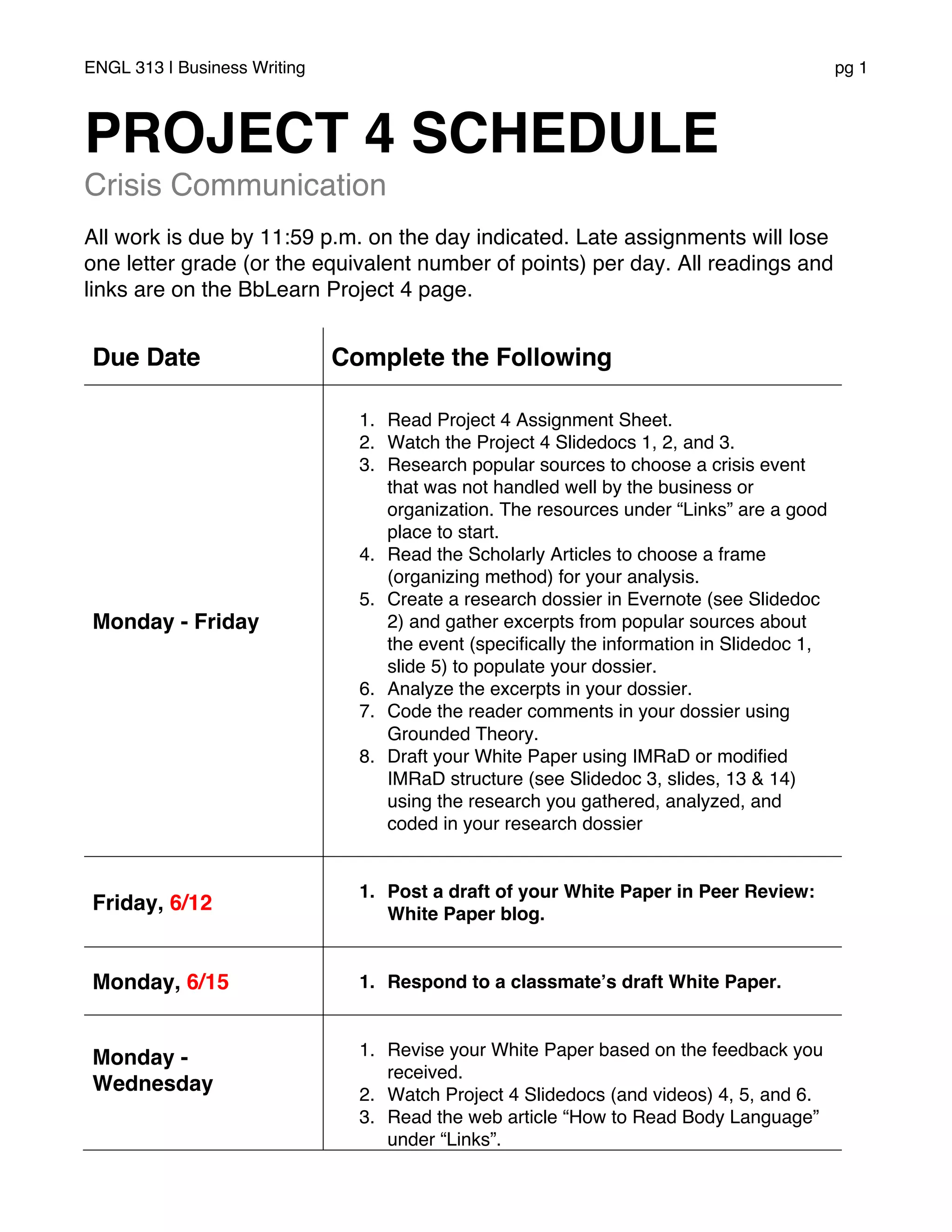 Eng 313 Project 4 Schedule | PDF