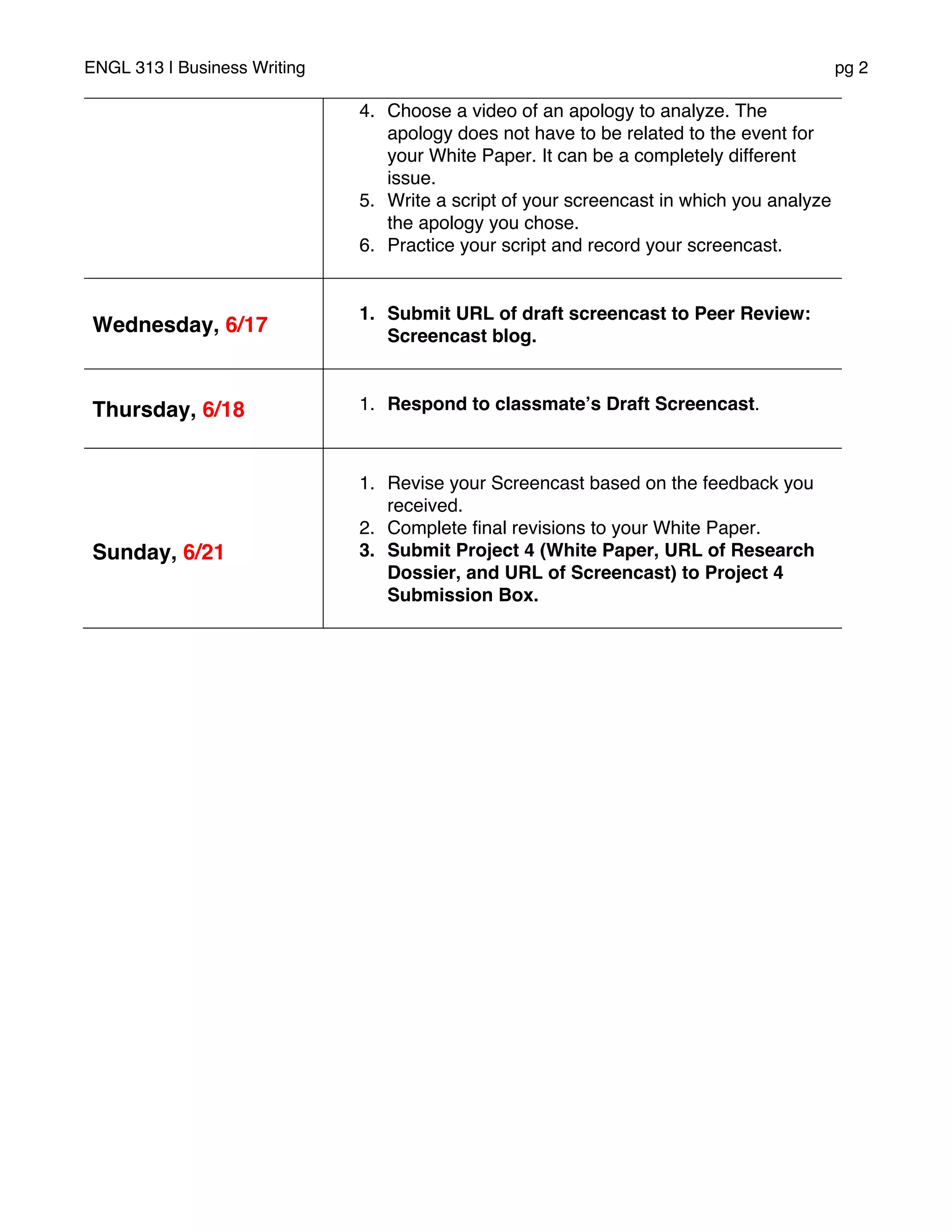 Eng 313 Project 4 Schedule | PDF