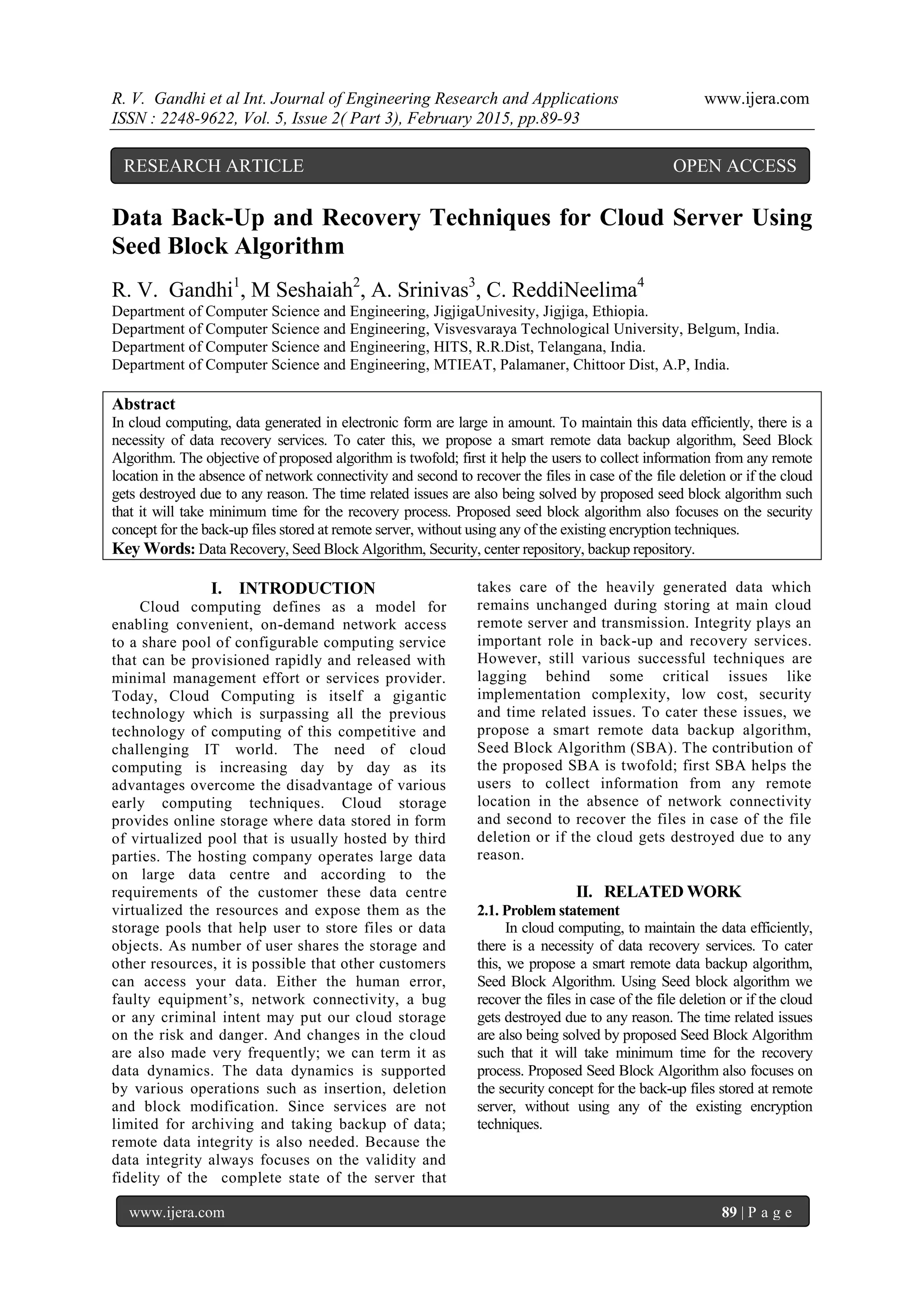 Data Back-Up and Recovery Techniques for Cloud Server Using Seed Block Algorithm | PDF | Cloud ...