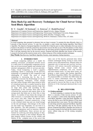 Data Back-Up and Recovery Techniques for Cloud Server Using Seed Block Algorithm | PDF | Cloud ...